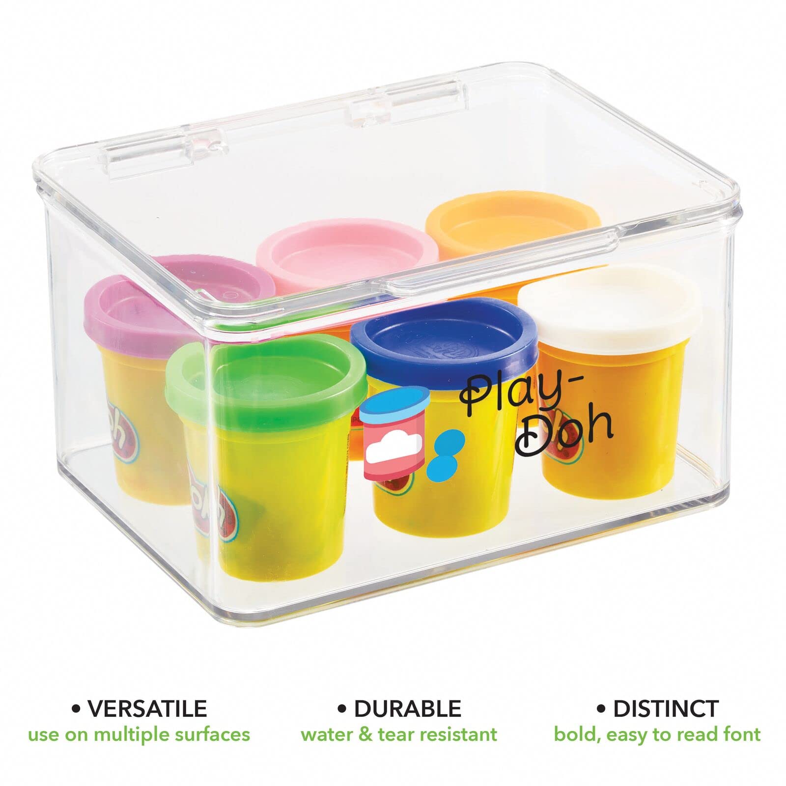 mDesign Plastic Stackable Storage Organizer Toy Box with Hinged Lid for Action Figures, Crayons, Markers, Building Blocks, Puzzles, Craft or School Supplies - Includes 32 Labels - Clear