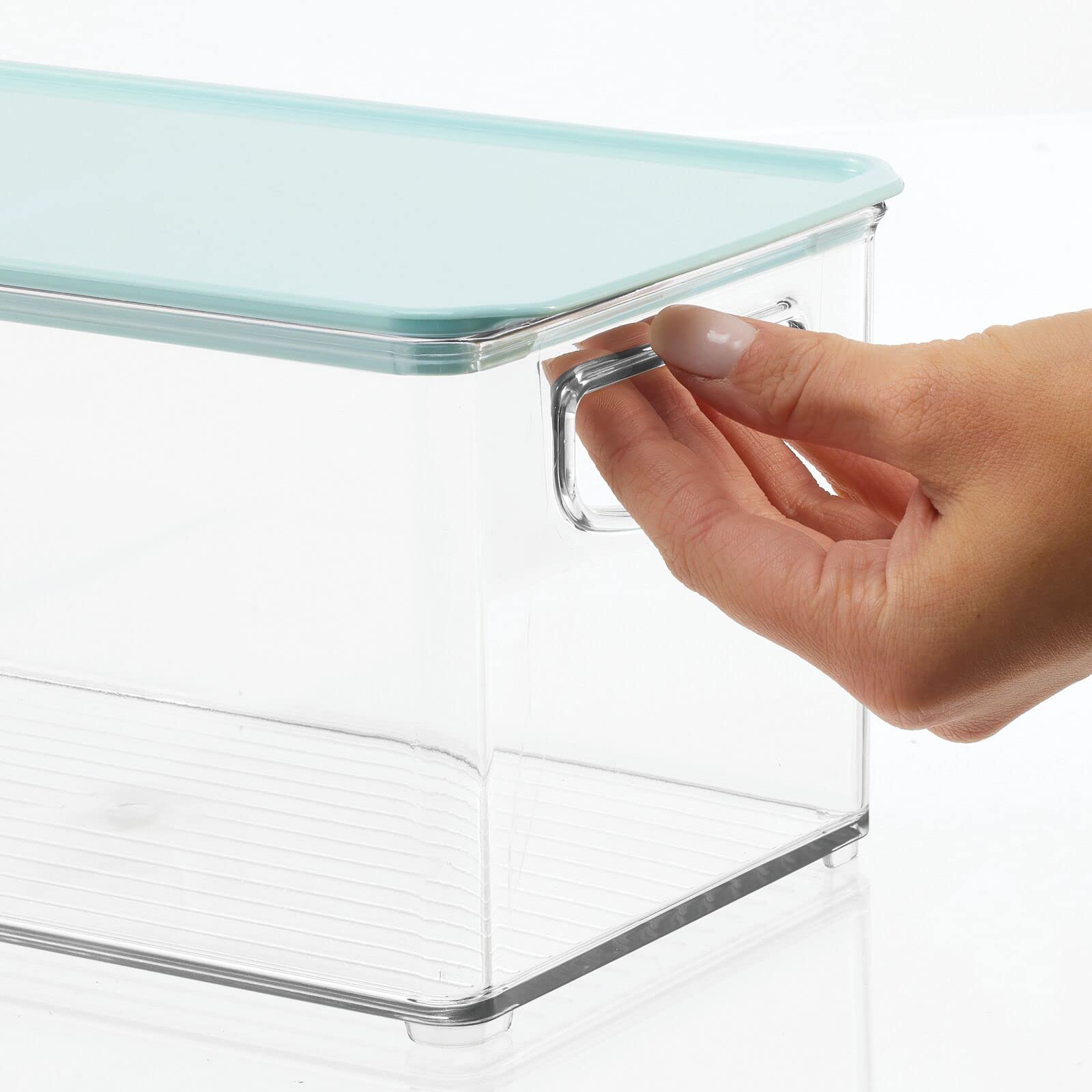 mDesign Plastic Storage Bin Box Container, Lid - Built-In Handles - Organization for Toys, Games, Accessories in Play or Game Room, Cabinet, Shelves, Cubby, Ligne Collection, 4 Pack, Clear/Mint Green