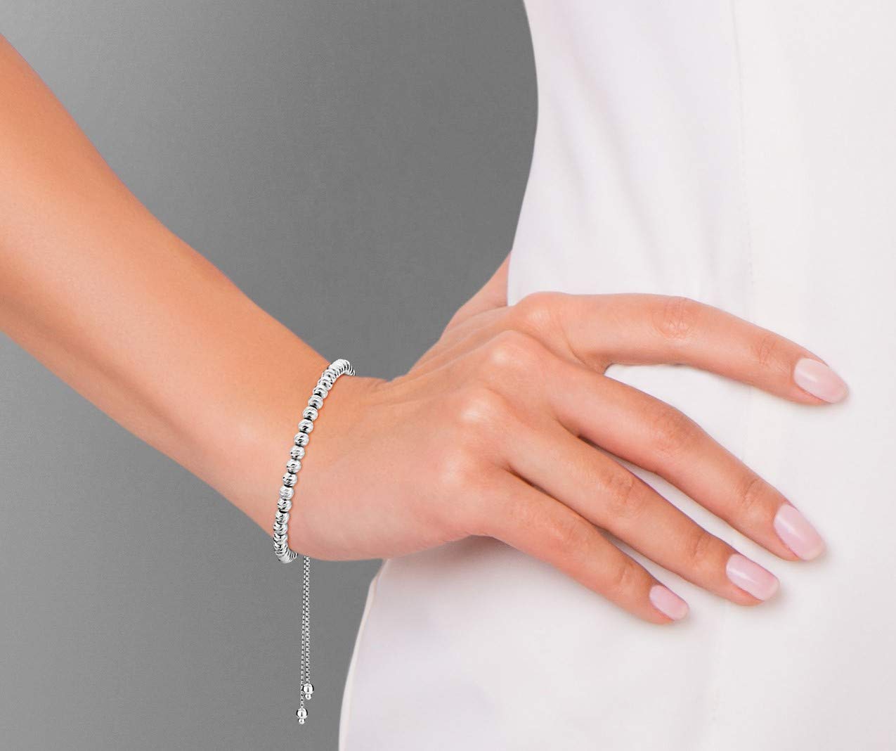 Miabella 925 Sterling Silver or Yellow Gold Over Silver Diamond-Cut Adjustable Bolo 4mm Bead Bracelet for Women, Handmade Italian Beaded Ball Chain Bracelet (sterling silver)