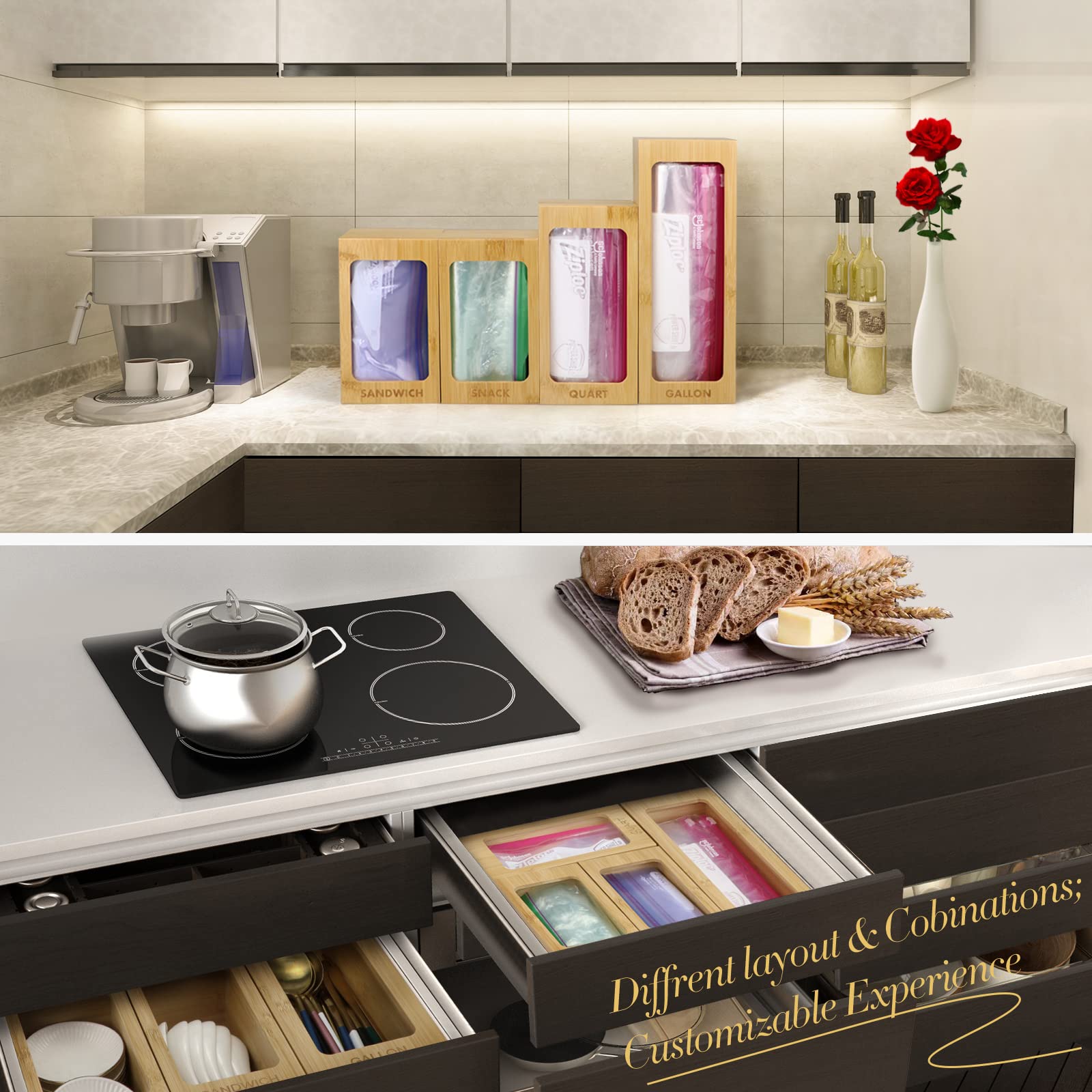Storage Bag Organizer for Kitchen Drawer Organization, Bamboo Ziplock Bag Organizer for Drawer, Plastic Bag Organizer, Compatible with Quart Sliders, Snack & Sandwich Bag Organizer, Food Baggie Holder
