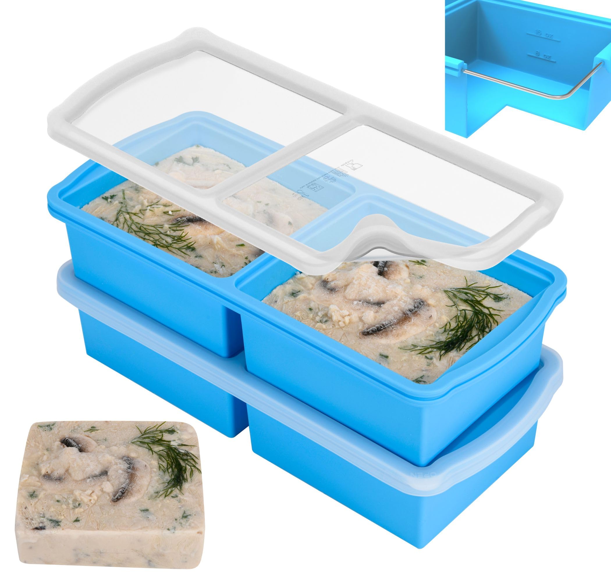 ZIP STANDING 2 Cup Silicone Freezer Trays With Lid,Soup Freezer Container,Large Ice Cube Molds With Reinforced Steel Ring Top Perfect for Freezing Soups, Lasagnas, Casseroles.Dishwasher -Safe, blue