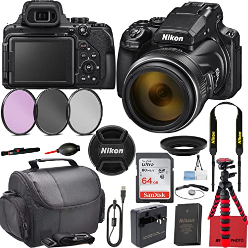 Nikon COOLPIX P1000 Bundle: 125x Optical Zoom, 4K Video, 64GB Card, Bag, Tripod, Filter Kit, Battery - Perfect All-in-One Package for Photographers & Creators