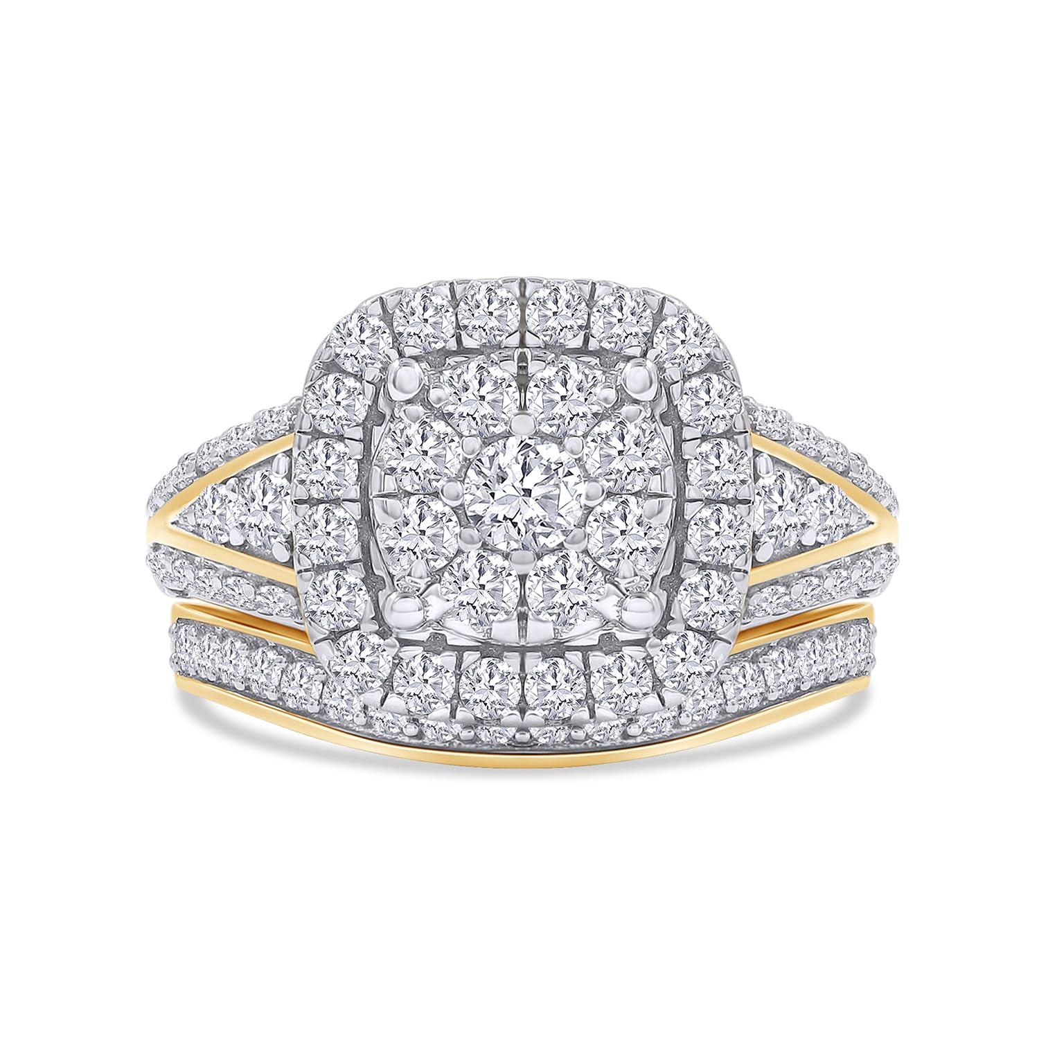 SAVEARTH DIAMONDS 1 1/4 CTTW Round Lab Created Moissanite Diamond Double Halo Bridal Set Wedding Ring In 14k Yellow Gold Over Sterling Silver (1.25 Cttw) Size-6.5