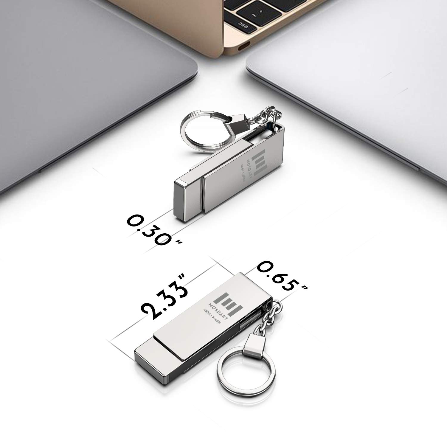 MOSDART 256GB 300Mb/s USB 3.1 Flash Drive Fast Speed and Rugged Metal Thumb Drive with Keychain USB3.1 256 GB 360-degree Jump Drive for Data Storage - Silver