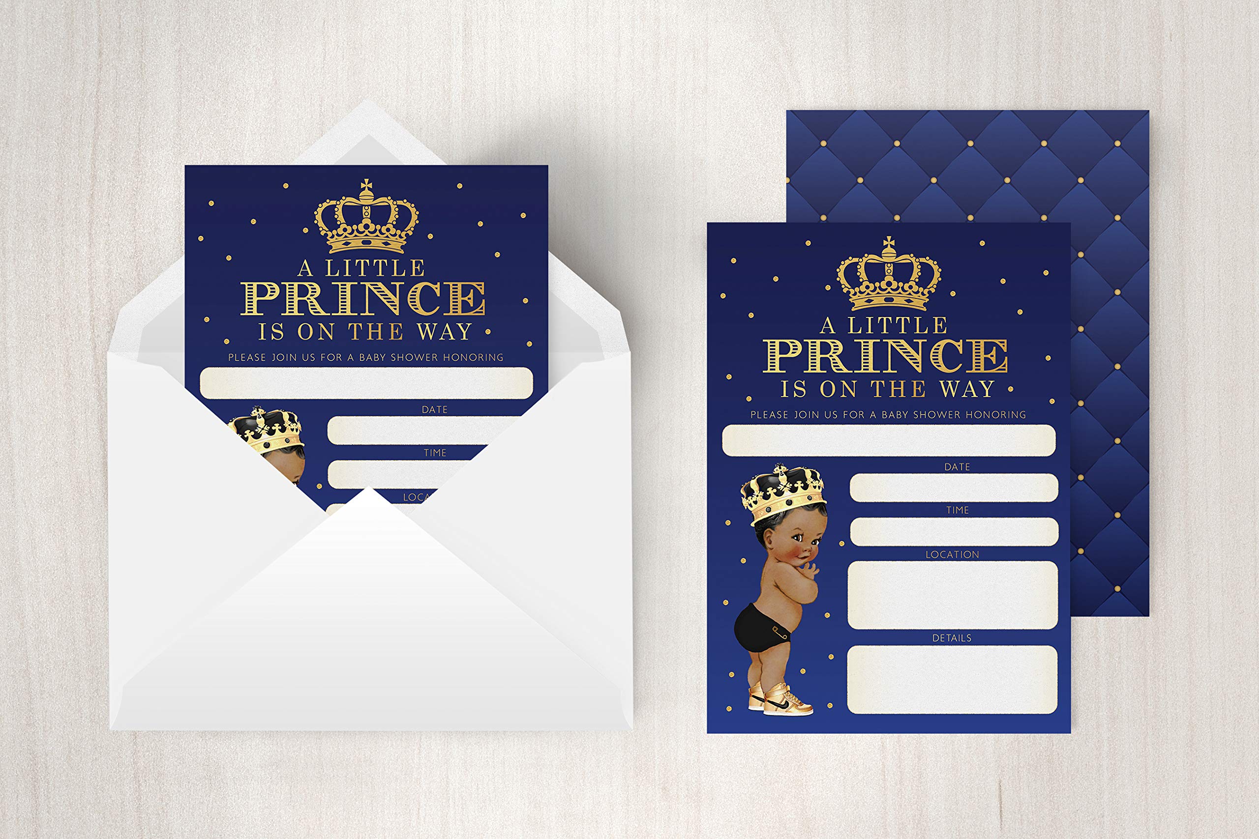 Little Prince Baby Shower Invitation, African American Boy Baby, 20 Invitations with envelopes