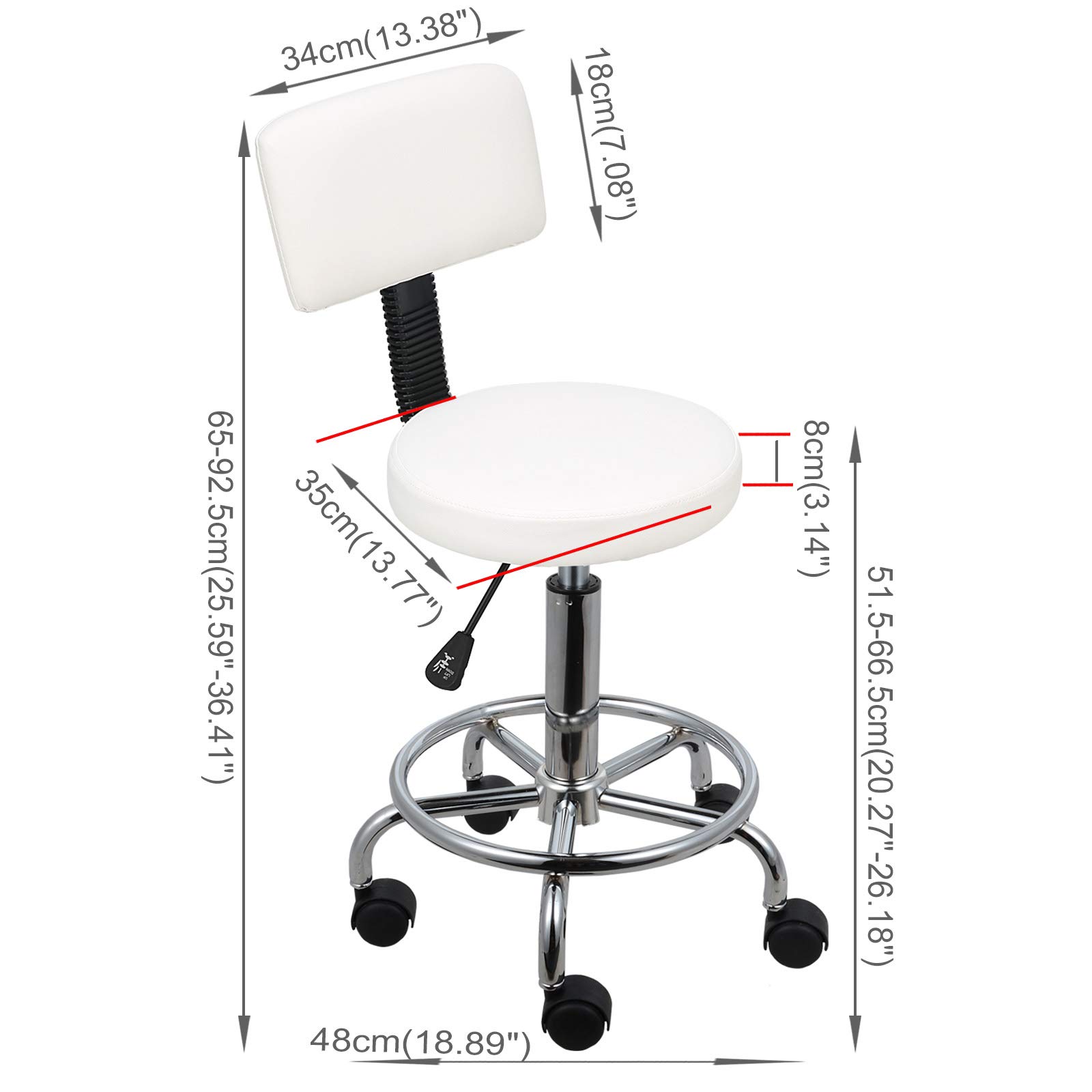 Voilamart PU Leather Round Rolling Stool with Backrest Adjustable Swivel Hydraulic Gas Lift Stool for Tattoo Therapy Beauty Massage Spa Salon, White