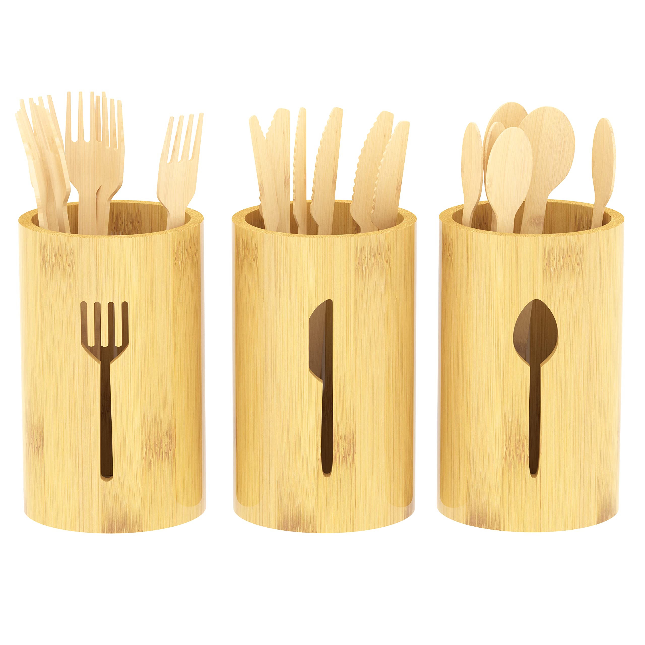 Raslate 3 Bamboo Silverware Utensil Organizers Flatware Holders with Biodegradable Wooden Cutlery Set Disposable 25 Forks 25 Spoons 25 Knives for Eating Eco Friendly Serving Natural Cutlery