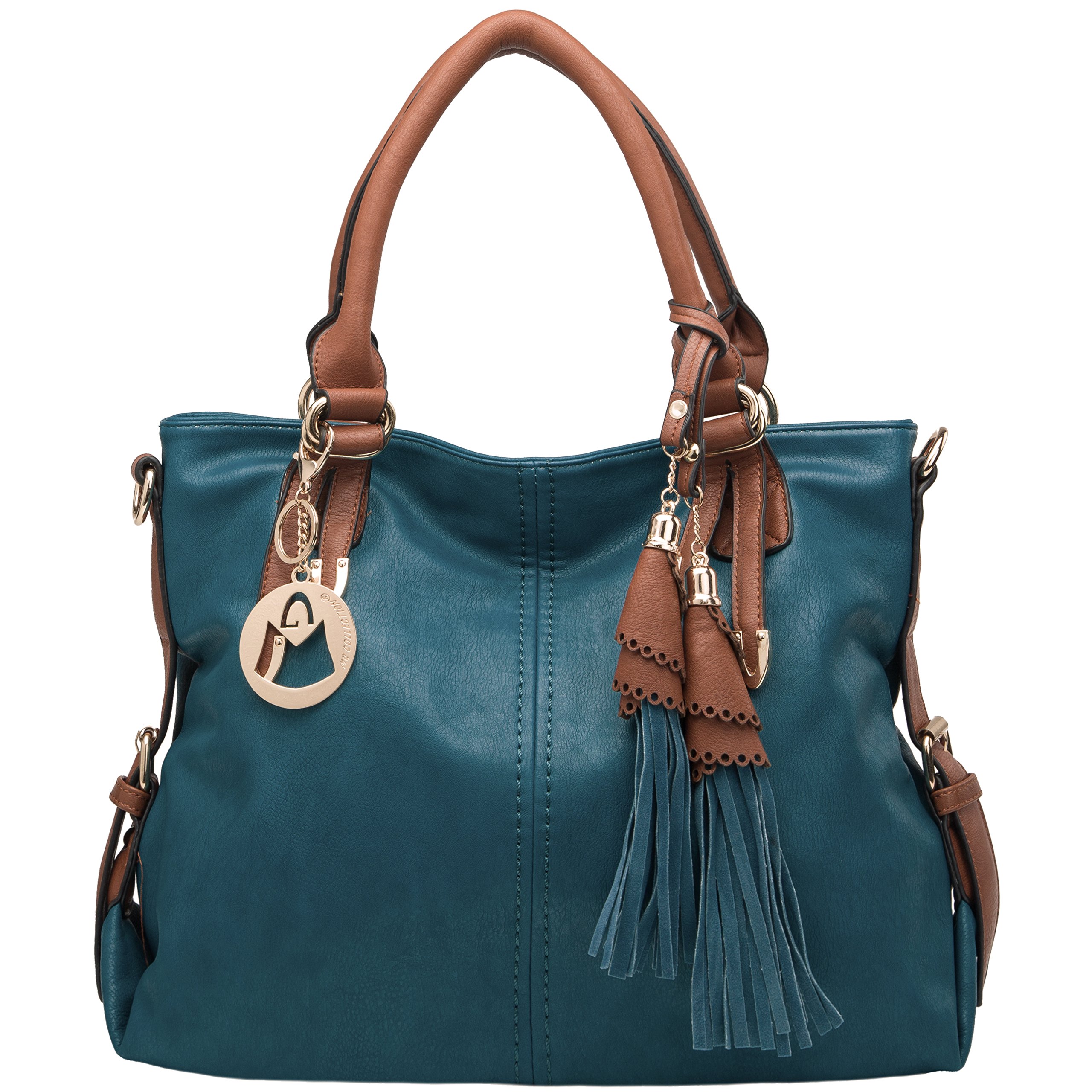 MG Collection THALIA Handbag for Women, Dark Teal Leatherette Purse with Top Handle, Shoulder Straps and Decorative Tassel