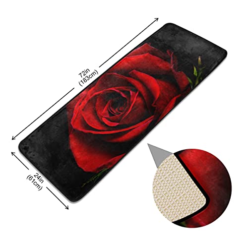 Red Rose Flower Close Up Runner Rug 72 x 24 Inch, Valentine Kitchen Rug Doormat Bath Mat Area Rug Non-Slip Carpet for Kitchen Living Bedroom