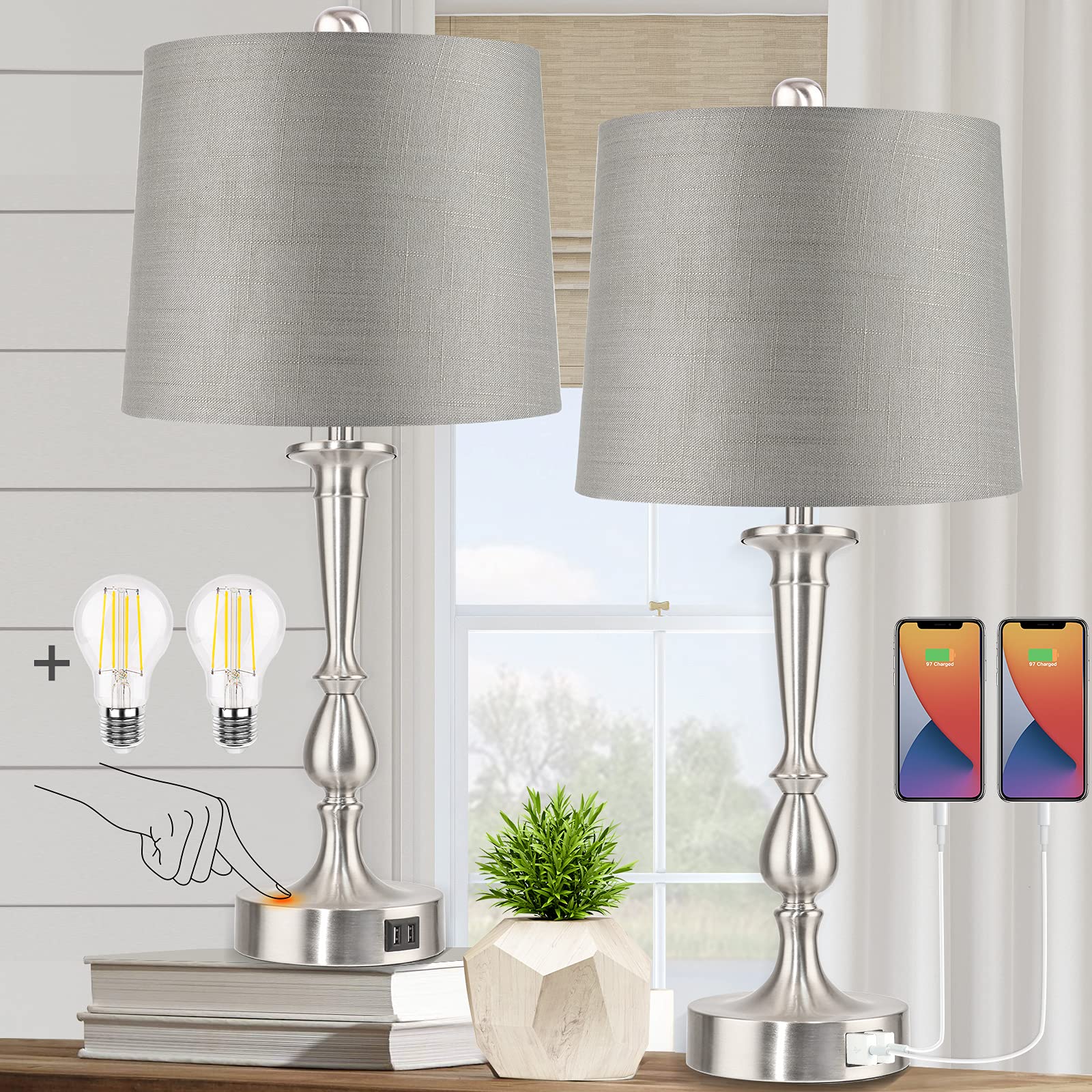 PARTPHONER Set of 2 Touch Control Table Lamp with Dual USB Charging Ports Desk Lamps, 3-Way Dimmable Modern Nickel Finish Bedside Large Table Lamps for Living Room, Bedroom