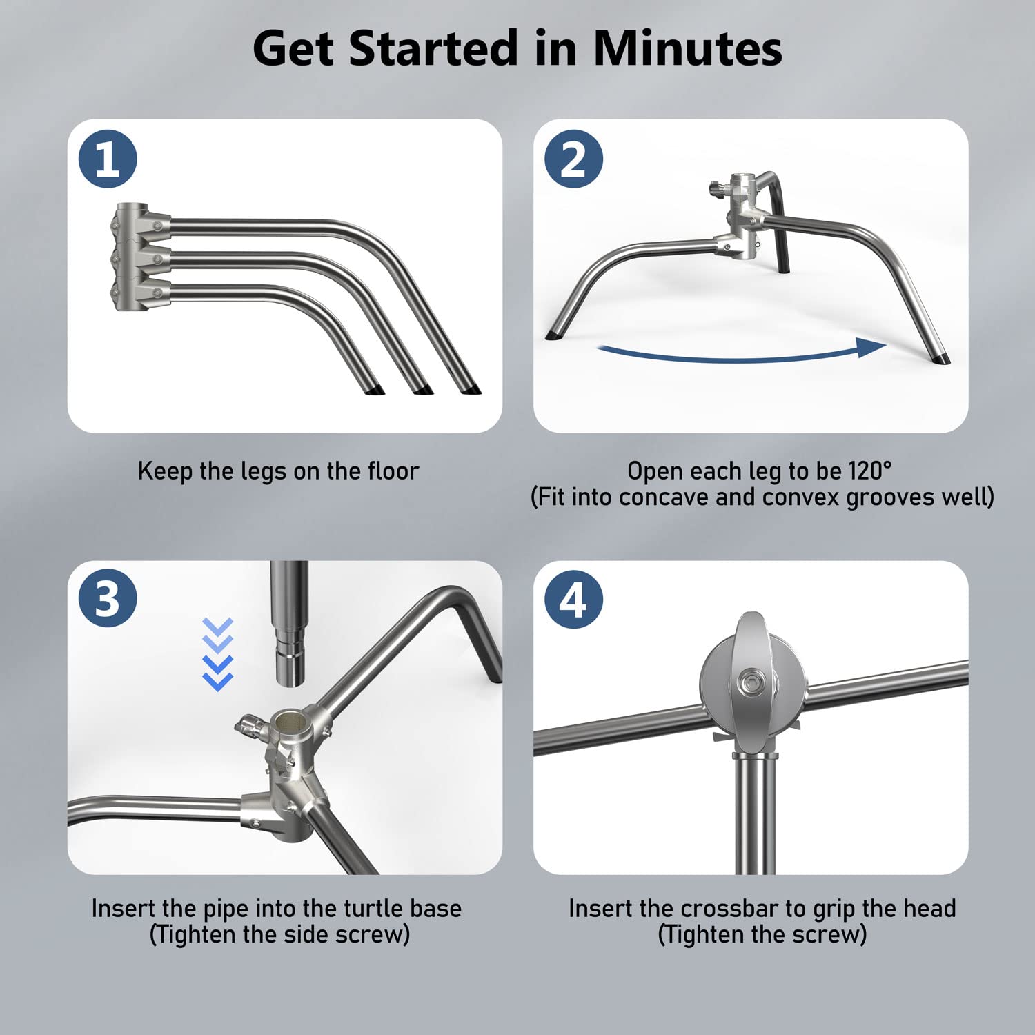 Photography C Stand with Boom Arm: 100% Stainless Steel - Takerers BS11 Heavy Duty Max Height 10.5ft/131inch Light Stands (2 Pack) with 4.2ft/50inch Holding Arm, 2 Grip Head, 2 Sandbag