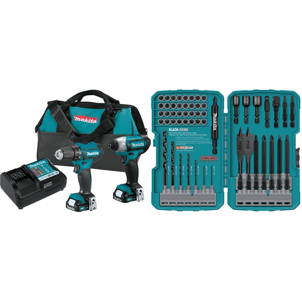 Makita CT232 12V max CXT® Lithium-Ion Cordless 2-Pc. Combo Kit (1.5Ah) & T-01725 Contractor-Grade Bit Set, 70-Pc.