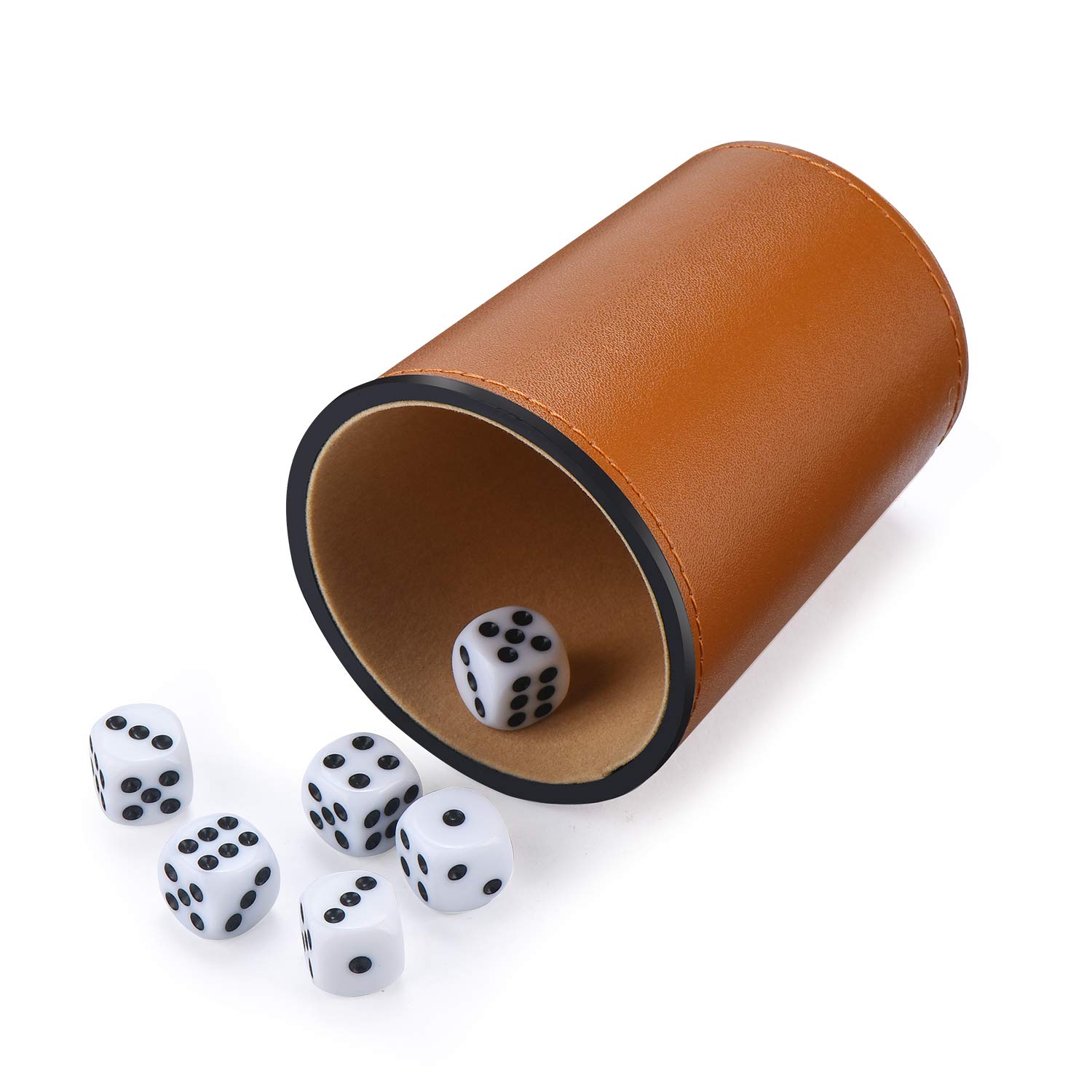 Party Games Leather Dice Cup Set, 5 Leather Dice Cups + 25 Dice + Exclusive Storage and Transport Case Made of Faux Leather with Magnetic Closure