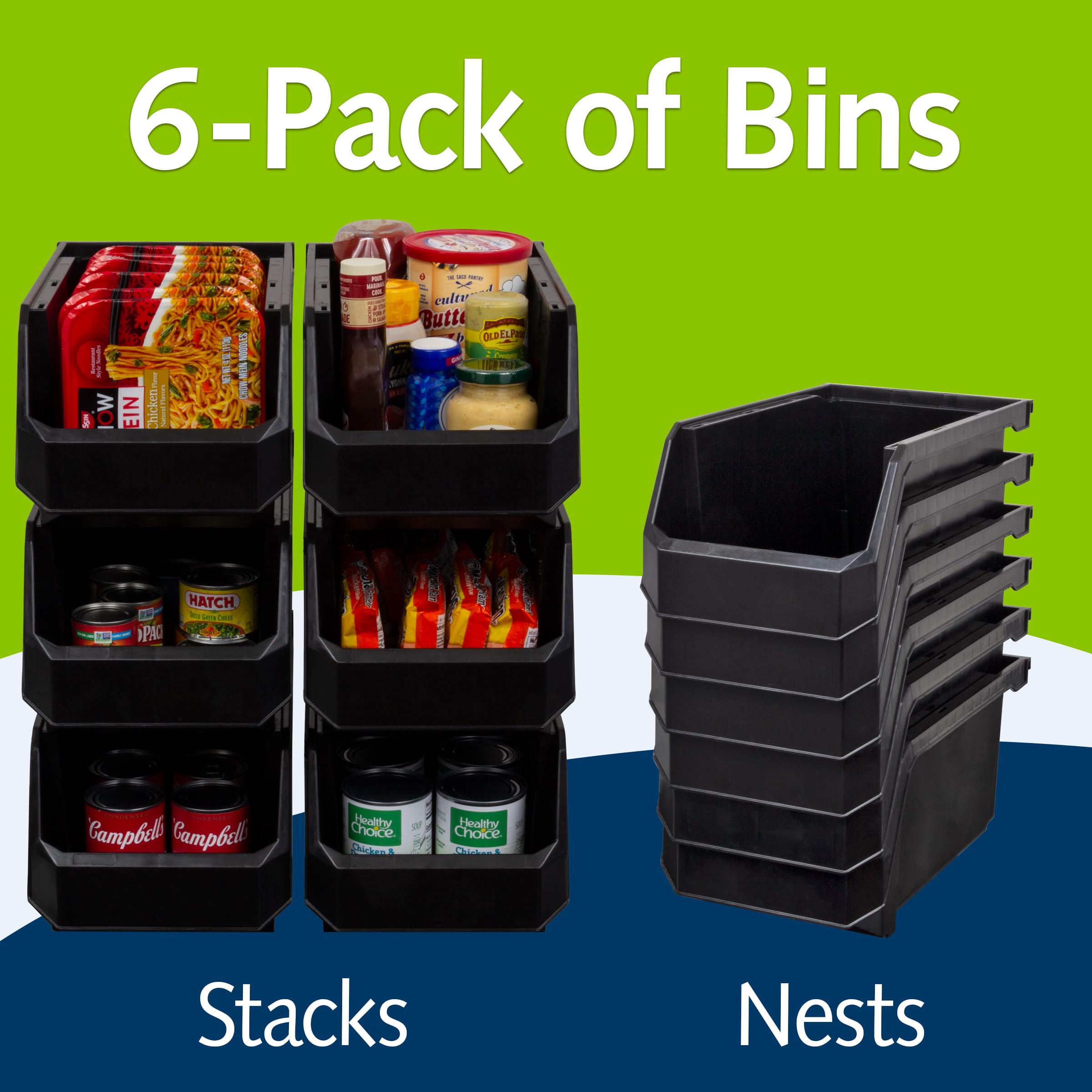 ReadySpace Plastic Containers for Organizing and Storage Bins for Closet, Kitchen, Office, Toys, or Pantry Organization, Large, 6-Pack, Black