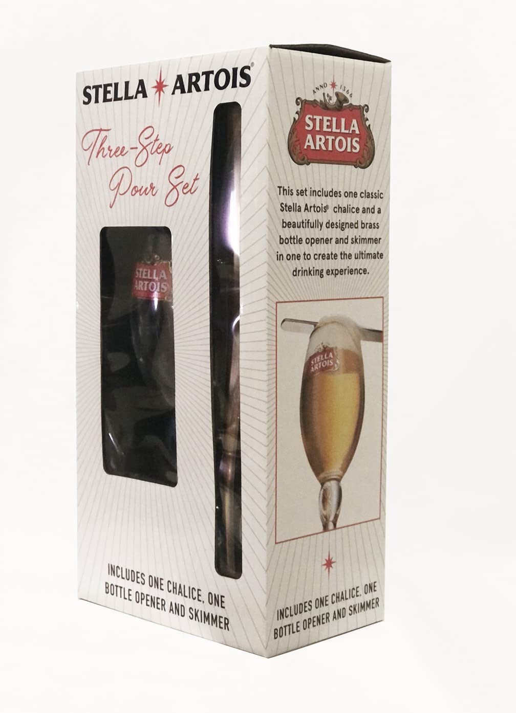 Stella Artois Beer Glass, Three Step Pour Set with Chalice, Bottle Opener, and Skimmer, Holds 11 Ounces