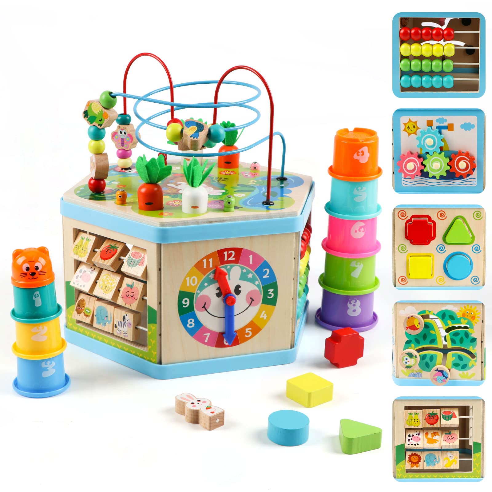 Vomocent Activity Cube for 1 Year Old Boy Girl, 10 in 1 Wooden Educational Learning Bead Maze for Toddler 1-3, Developmental Montessori Toys for 12-36 Months Gift