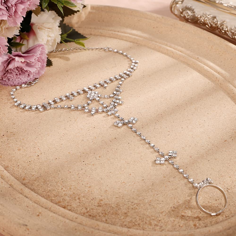 Rumtock Twisted Rhinestones Chain Sparkle Bracelet for Wedding Brides Bridesmaid Women Girls Boho Hand Chain with Finger Ring