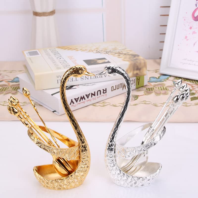 Stainless Steel Spoon Cutlery Kit with Zinc Alloy Swan Shape Retainer Storage Cutlery Rack Home Decor(Gold)
