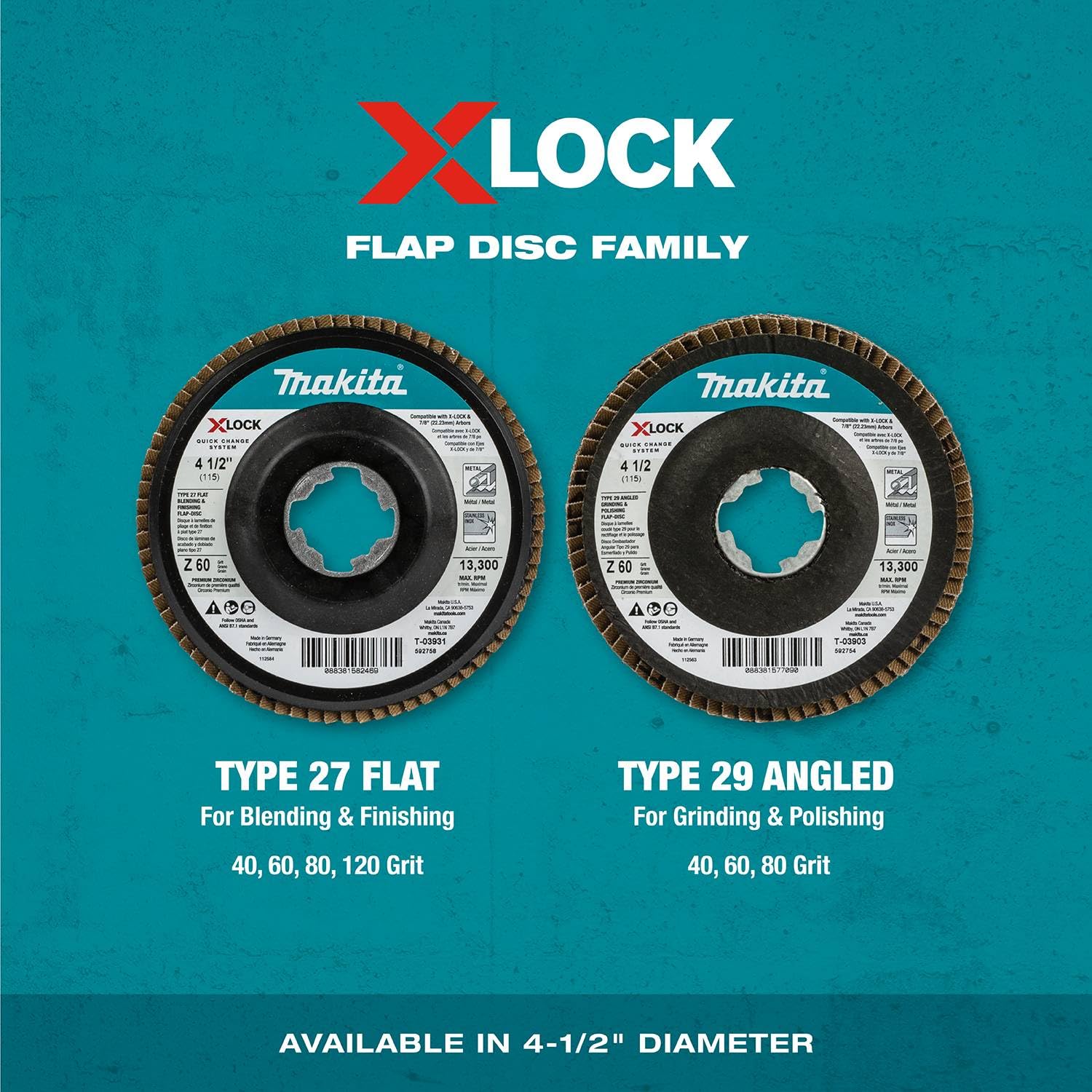 Makita T-03894 X-LOCK 4β1/2" 40 Grit Type 29 Angled Grinding and Polishing Flap Disc for X-LOCK and All 7/8" Arbor Grinders