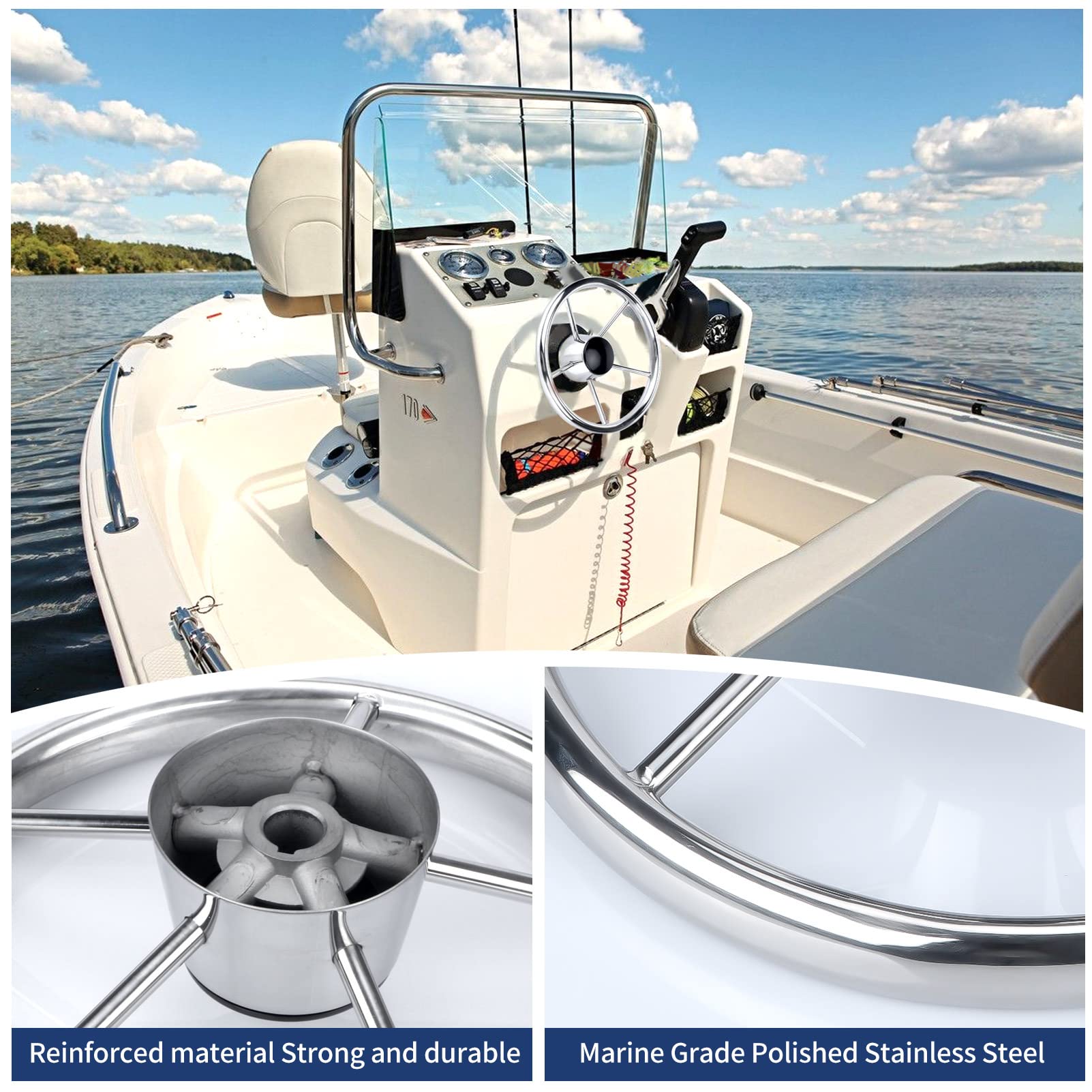 Marinebabay Stainless Boat Steering Wheel, 5-Spoke 11 Inch Destroyer Style Steering For Pontoon Boat Yacht