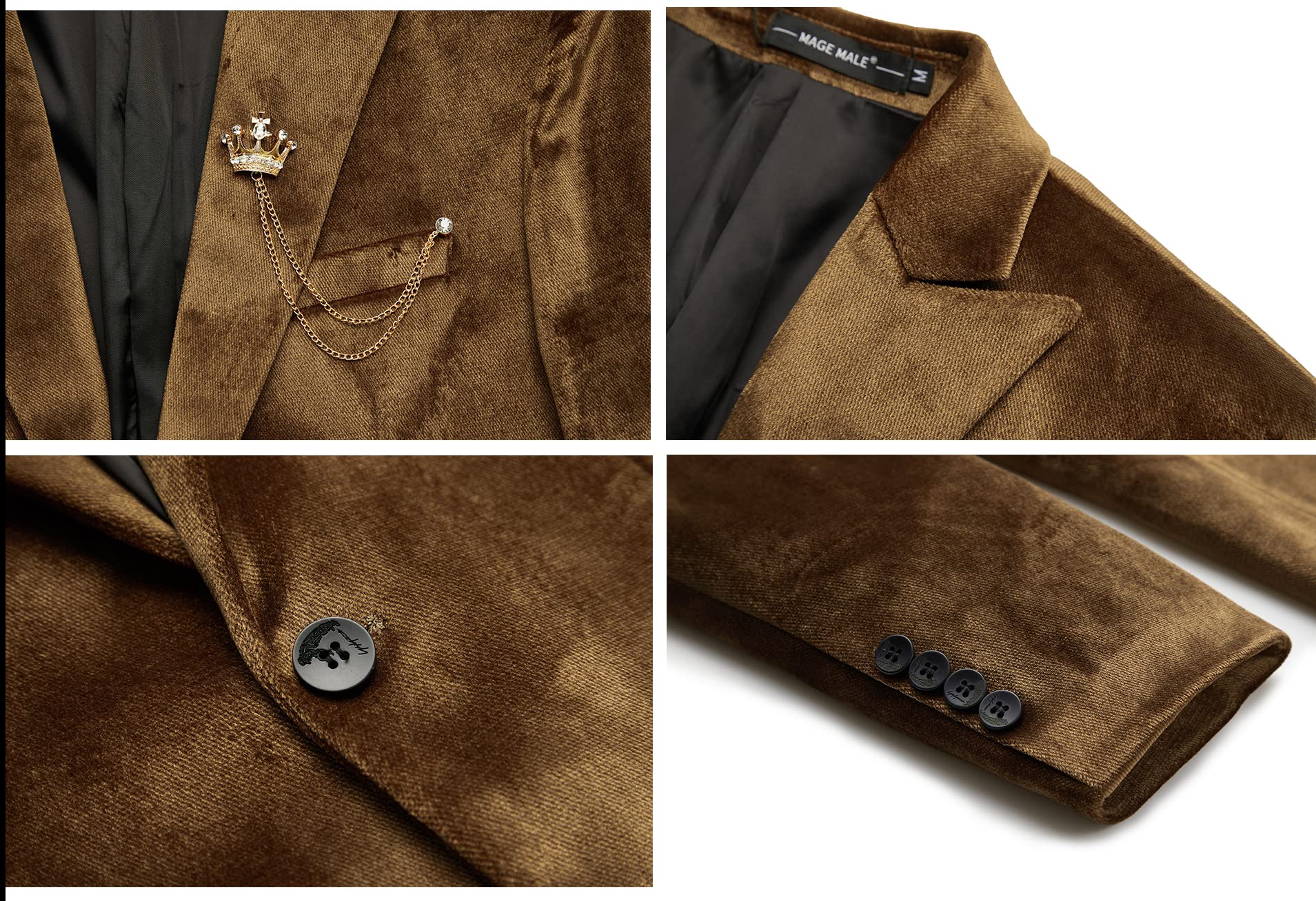 MAGE MALE Men's 2 Piece Velvet Suit One Button Tuxedo Slim Fit Luxurious Blazer Party Dinner Jacket & Pants Brown