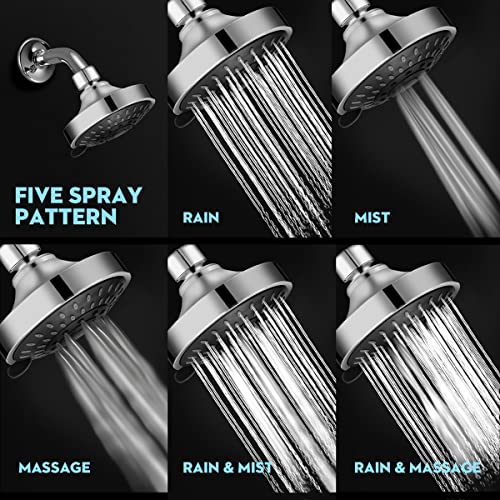 WarmSpray High Pressure Shower Head 5 Settings Fixed Showerhead 4 Inch High Flow Bathroom Showerhead with Adjustable Brass Ball Joint for Luxury Shower Experience Even at Low Water Pressure