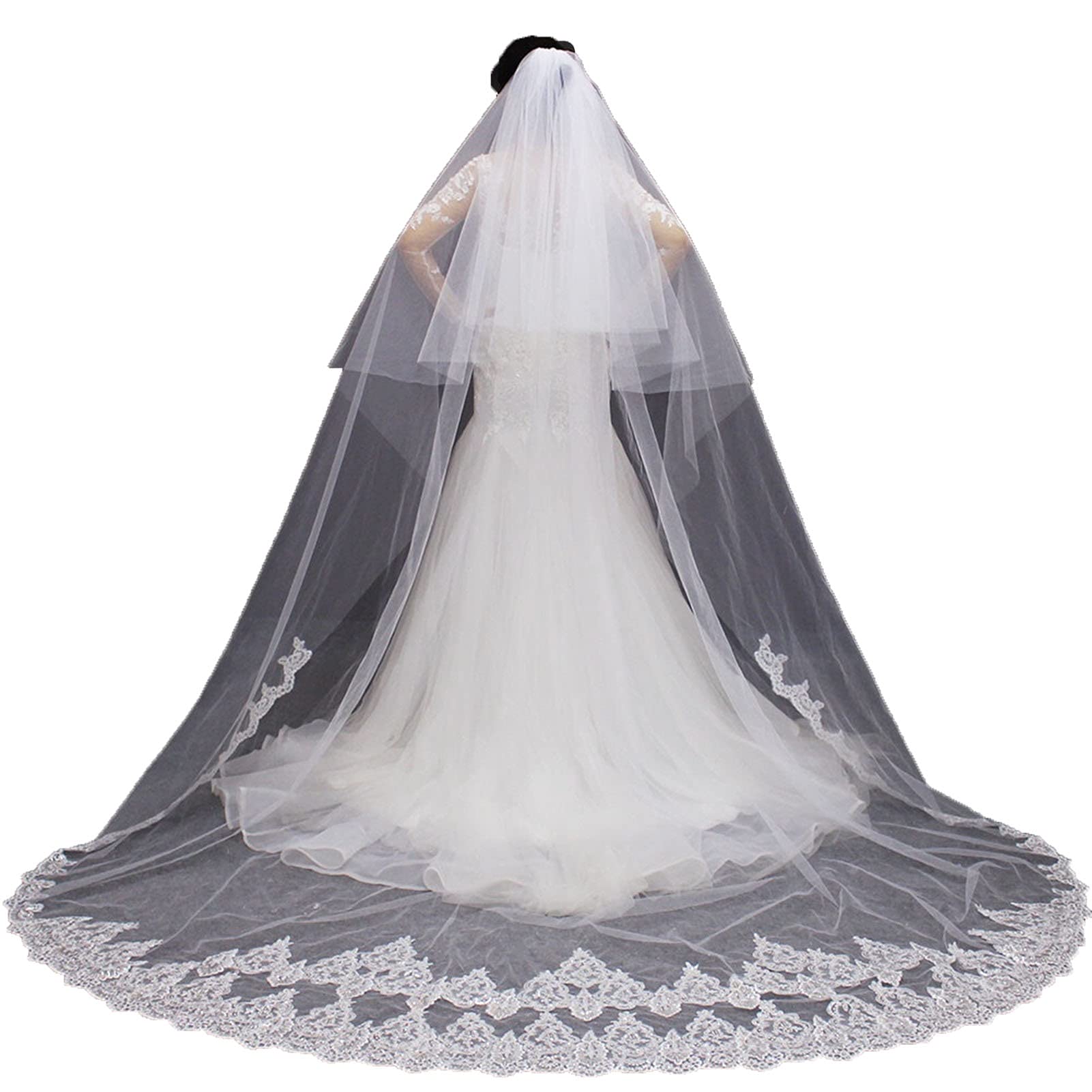Wedding Veil Wedding Accessory 3 Meters 2T White&Ivory Sequins Blings Sparkling Lace Edge Purfle Long Cathedral Wedding Veils (Color : White)