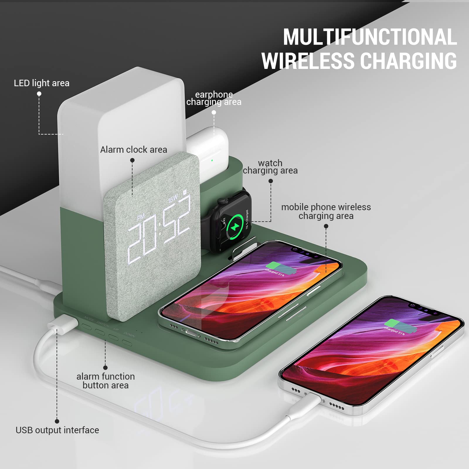 Wireless Charging Station, iPhone 3 in 1 Fast 15W Wireless Charger with Alarm Clock and Night Light, Charging Dock for iPhone 12/13/14/15 Pro/Pro Max, Samsung, AirPods