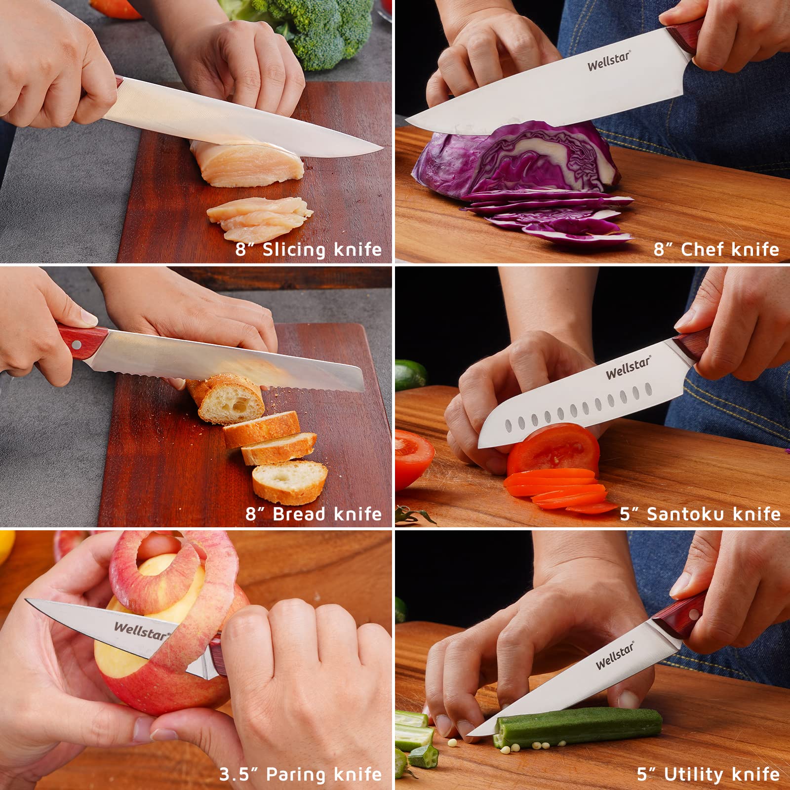WELLSTAR Kitchen Knife Set 6 Piece, Ultra Sharp Japanese Stainless Steel Blade with Full Tang Pakkawood Handle, Chef Slicer Bread Santoku Utility & Paring for Cutting Chopping Slicing and Dicing