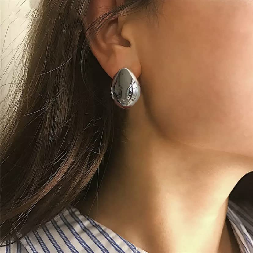 Tear Drop Stud Trending Statement Oversized Luxury 90s Style Earrings (Silver)