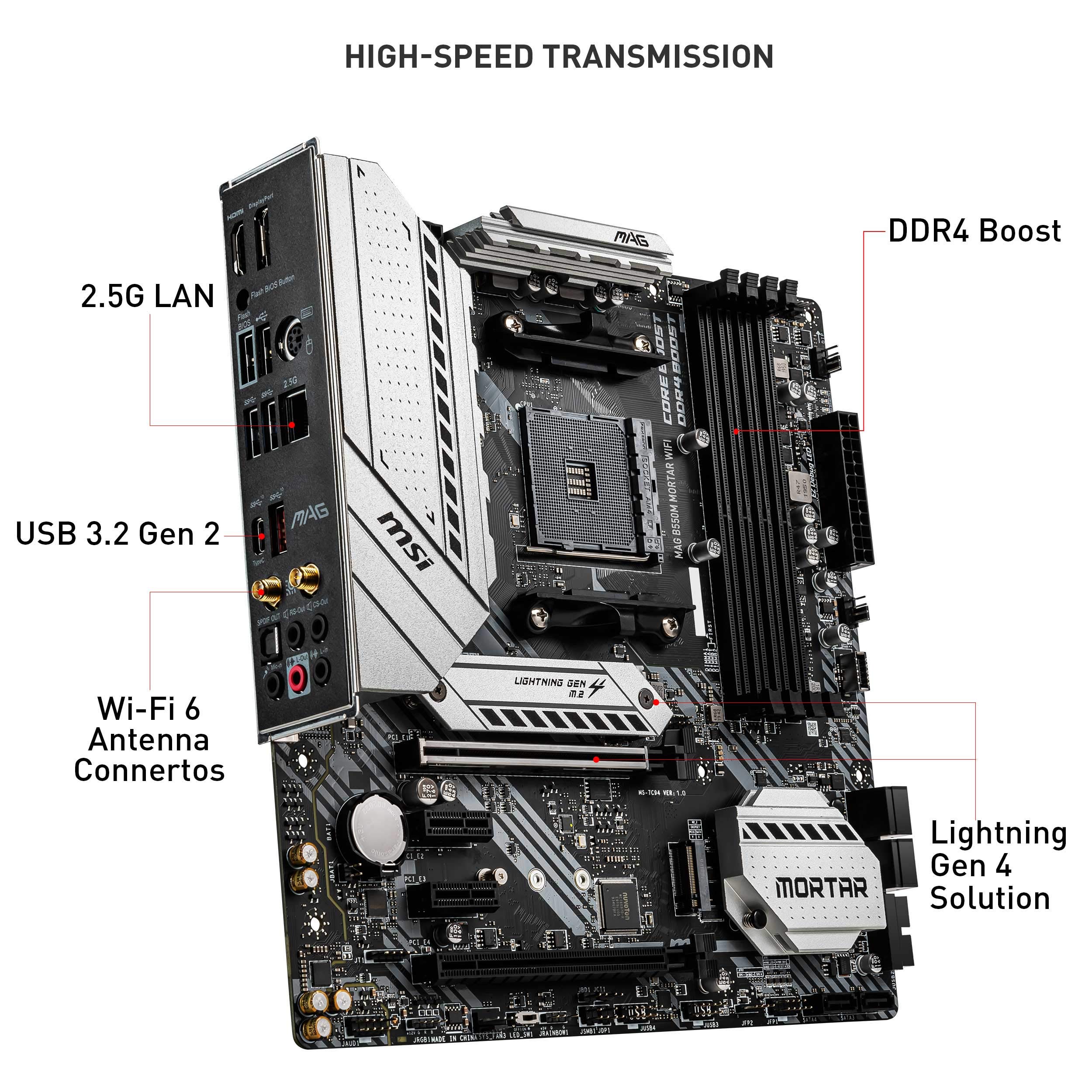 MSI MAG B550M Mortar WiFi Gaming Motherboard (AMD AM4, DDR4, PCIe 4.0, SATA 6Gb/s, M.2, USB 3.2 Gen 2, AX Wi-Fi 6, HDMI/DP, Micro-ATX, AMD Ryzen 5000 Series Processors)