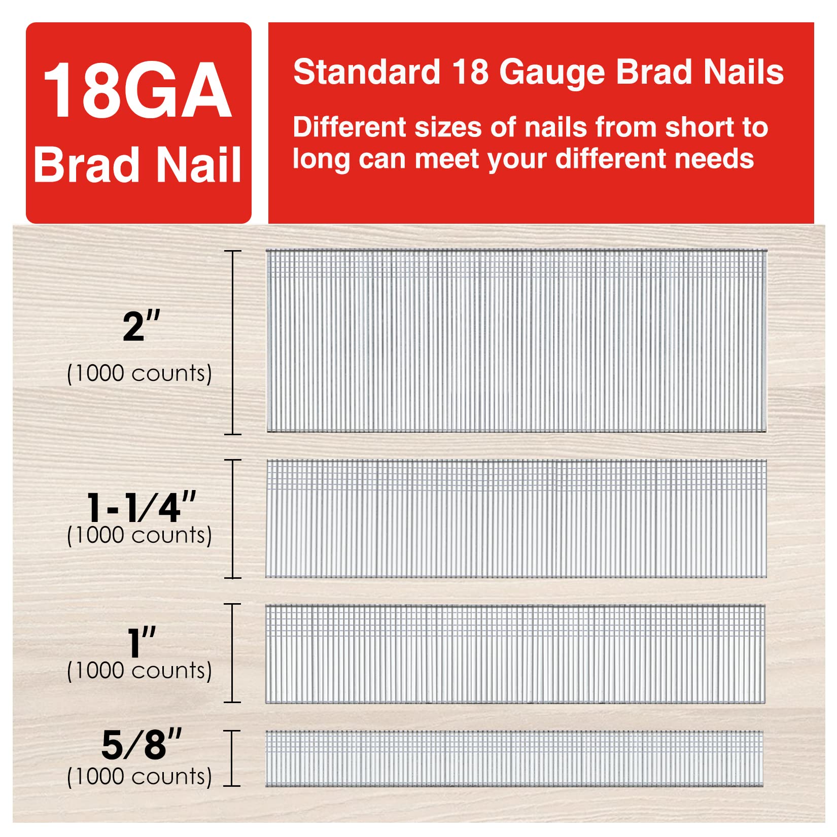 SHALL 18 Gauge Brad Nails, 2โ, 1-1/4โ, 1โ, 5/8 Inch, 4000-Count Galvanized Brad Nails Assorted, 18GA Nail Gun Nails and Small Finishing Nails Assortment for Pneumatic, Electric Brad Nailer Gun