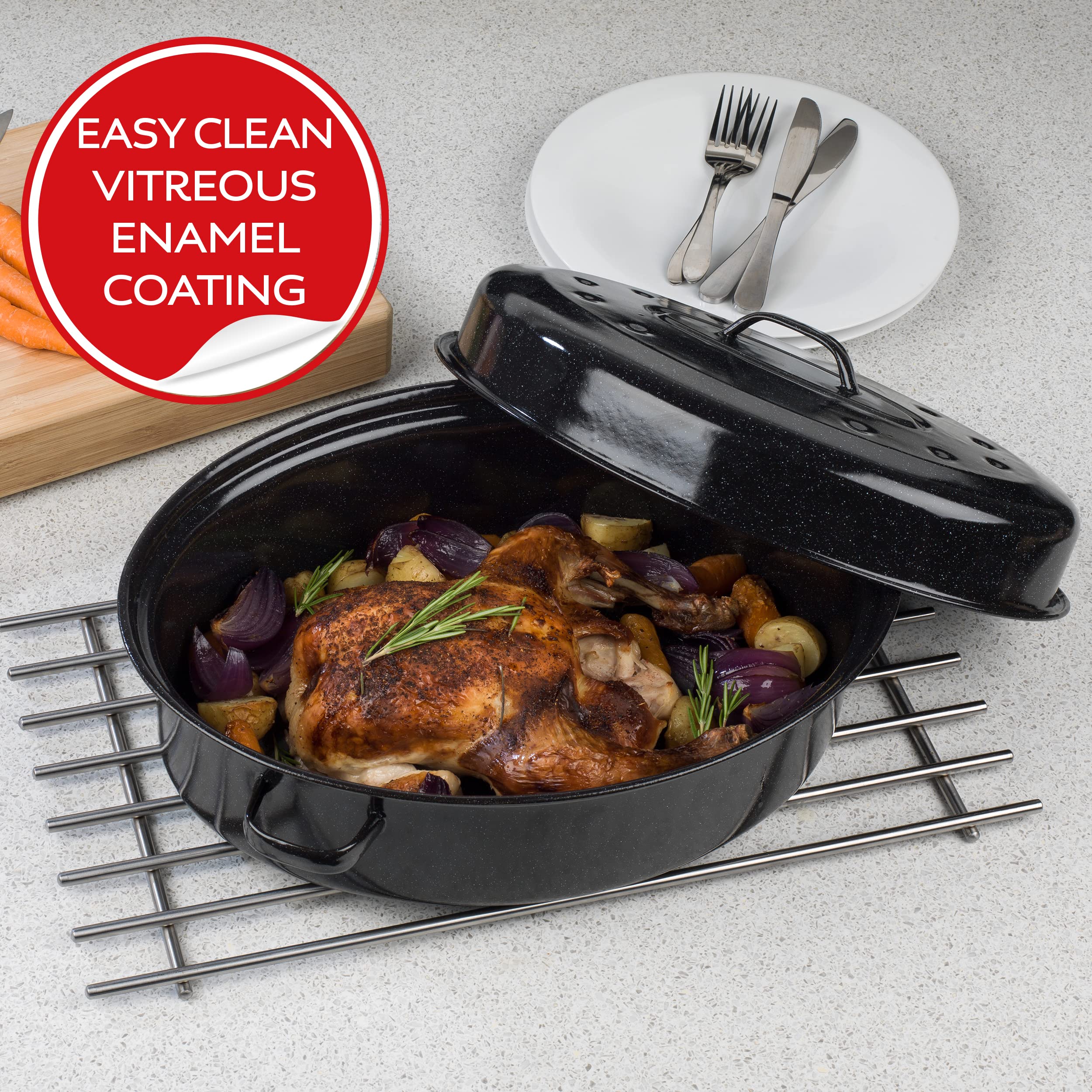 Russell Hobbs BW07215AMZ Romano Self-Basting Casserole Roasting Dish with Lid, Easy Clean Vitreous Enamel Steel Coating, 38 cm, Oven Roaster Tin, Dishwasher Safe, Black