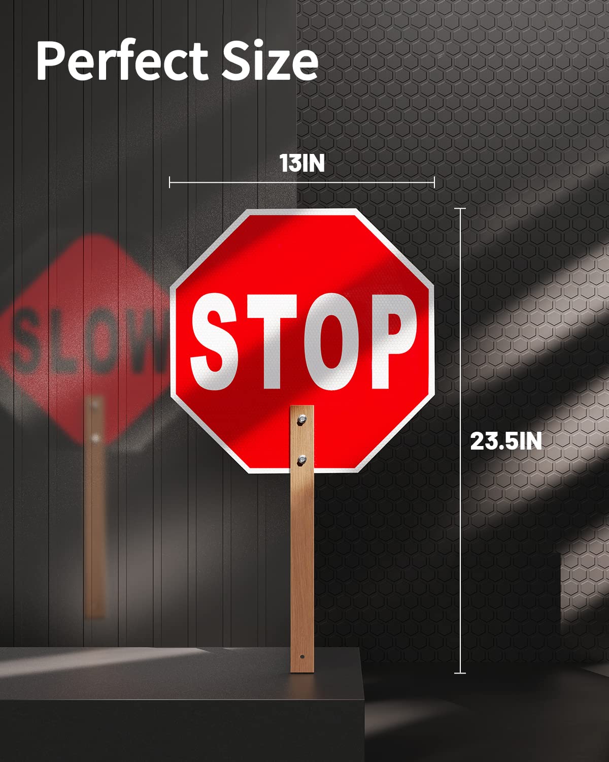 Stop Slow Sign, Double Sided Street Slow Warning Reflective Signs, 13x13in Octagon Rust Free Aluminum, with Bamboo Handle, UV Protected and Waterproof, Weather Resistant, Durable Ink, Easy to Mount