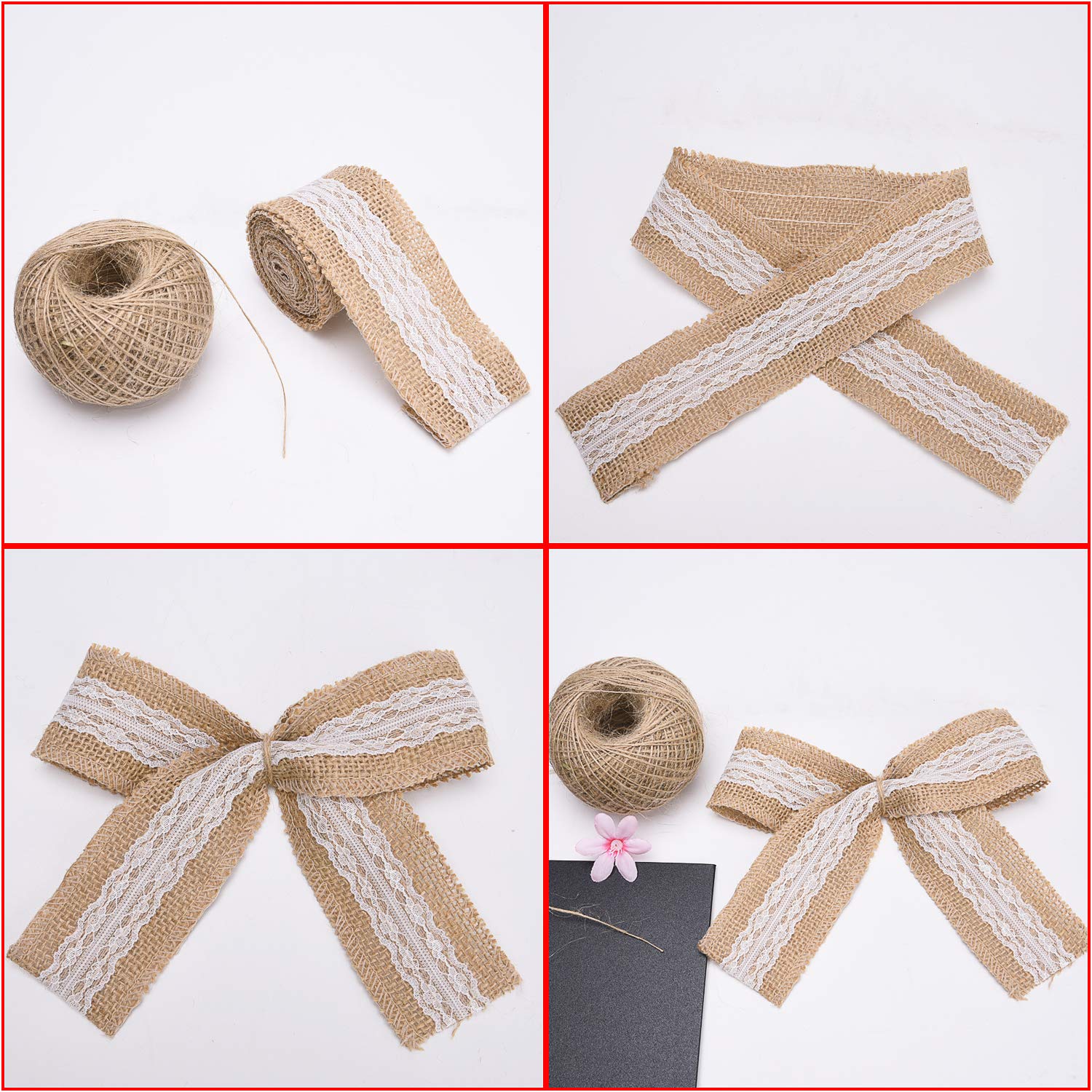 Livder 6 Rolls 2 Inch Width Natural Jute Burlap Ribbon with White Lace for DIY Home Decoration, Wedding Party and Gift Packaging