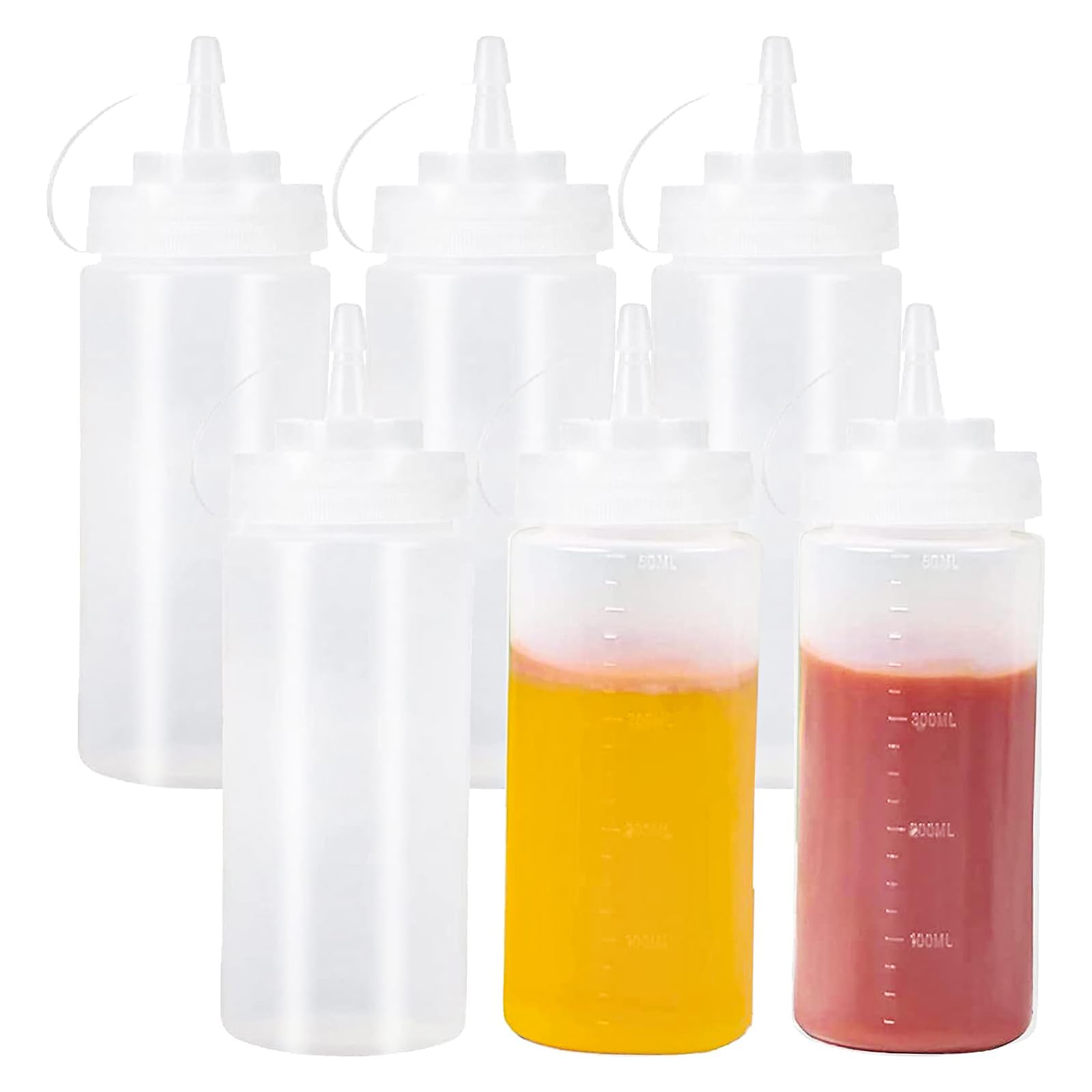 SCWBOEII 6 PCS 12oz Plastic Condiment Squeeze Bottles, Translucent Ketchup Bottles with Measurements For Condiments Olive Ketchup Sauces Dressings and More