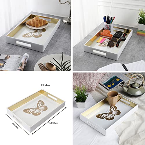 Zvasti Faux Leather Butterfly Printed Tray. White Faux Leather Trays for Coffee Table. Rectangle Tray with Handles
