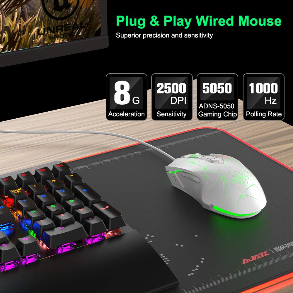 NACODEX AJ52 Gaming Mouse Wired, Programmable 7 Buttons, Computer Mute Mice with Crack Pattern LED Backlit, 2500 DPI Adjustable for Laptop PC Computer Games Or Work