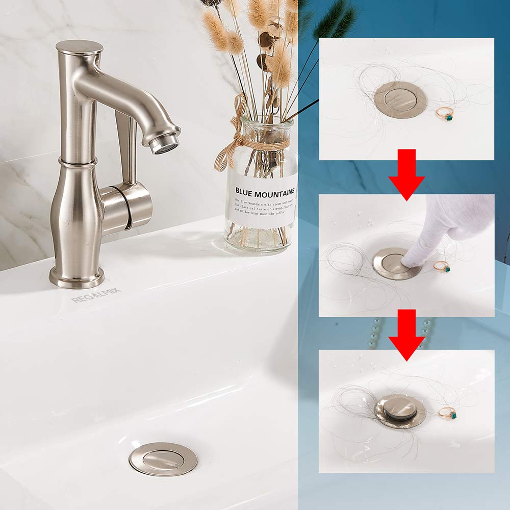 REGALMIX Vessel Sink Drain, Bathroom Faucet Vessel Sink Pop Up Drain Stopper Without Overflow Brushed Nickel, Built-in Anti-Clogging Strainer,Fits Standard American Drain Hole1-1/2 to 1-3/4",R085B-BN