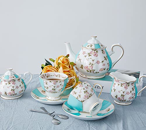 MOSTDEN Fine China 15-Piece Coffee Cup/Tea Cup Set,1 Teapot 1 Sugar Bowl 1 Cream Pitcher, 4 Cups And Saucers,4 Teaspoons Garden Series White-Blue (15 pack)