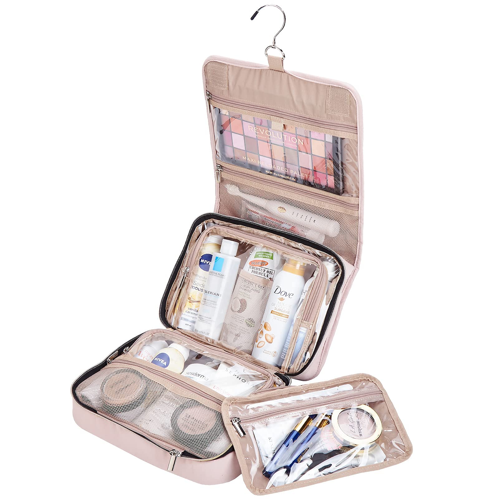 NISHEL Travel Toiletry Bag for women, Large Cosmetic Organizer with Rotatable Hanging Hook, Bathroom and Shower Organizer Kit for Brushes, Shampoo, Container, Makeup, Pink