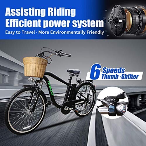 NAKTO 26" 250W City Electric Bicycle Sporting 6- Speed Gear EBike with Removable 250W 36V10A Lithium Battery