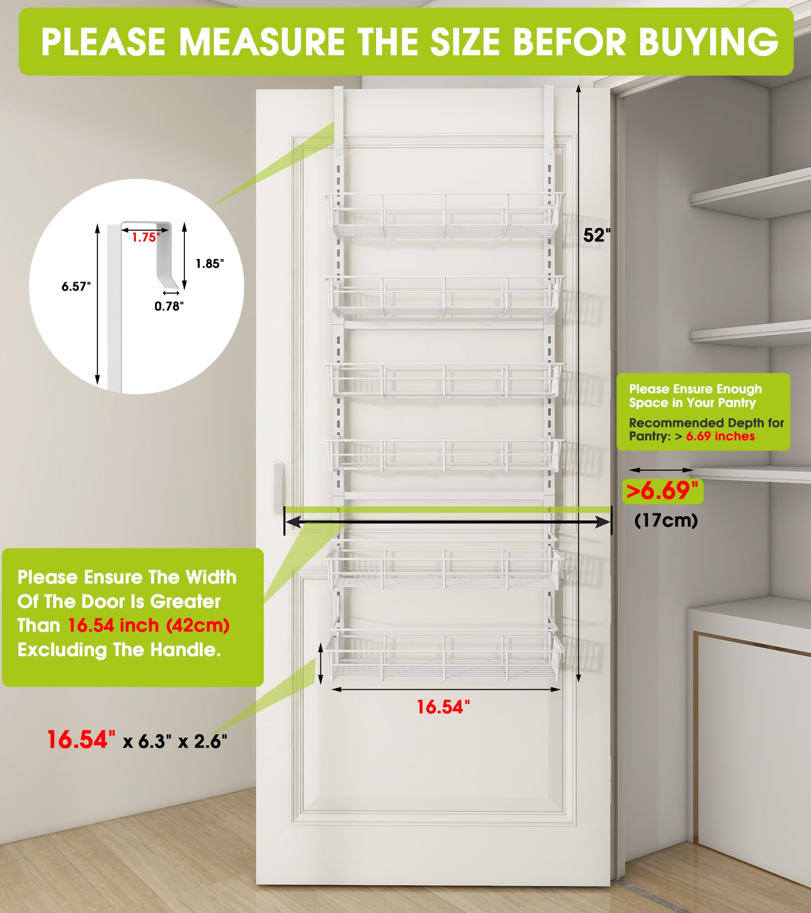 Mefirt Over The Door Pantry Organizer, Wall Mount Spice Rack, Pantry Hanging Storage and Organization, 6 Adjustable Baskets Heavy-Duty Metal for Home & Kitchen, Back of Door Seasoning Rack - White