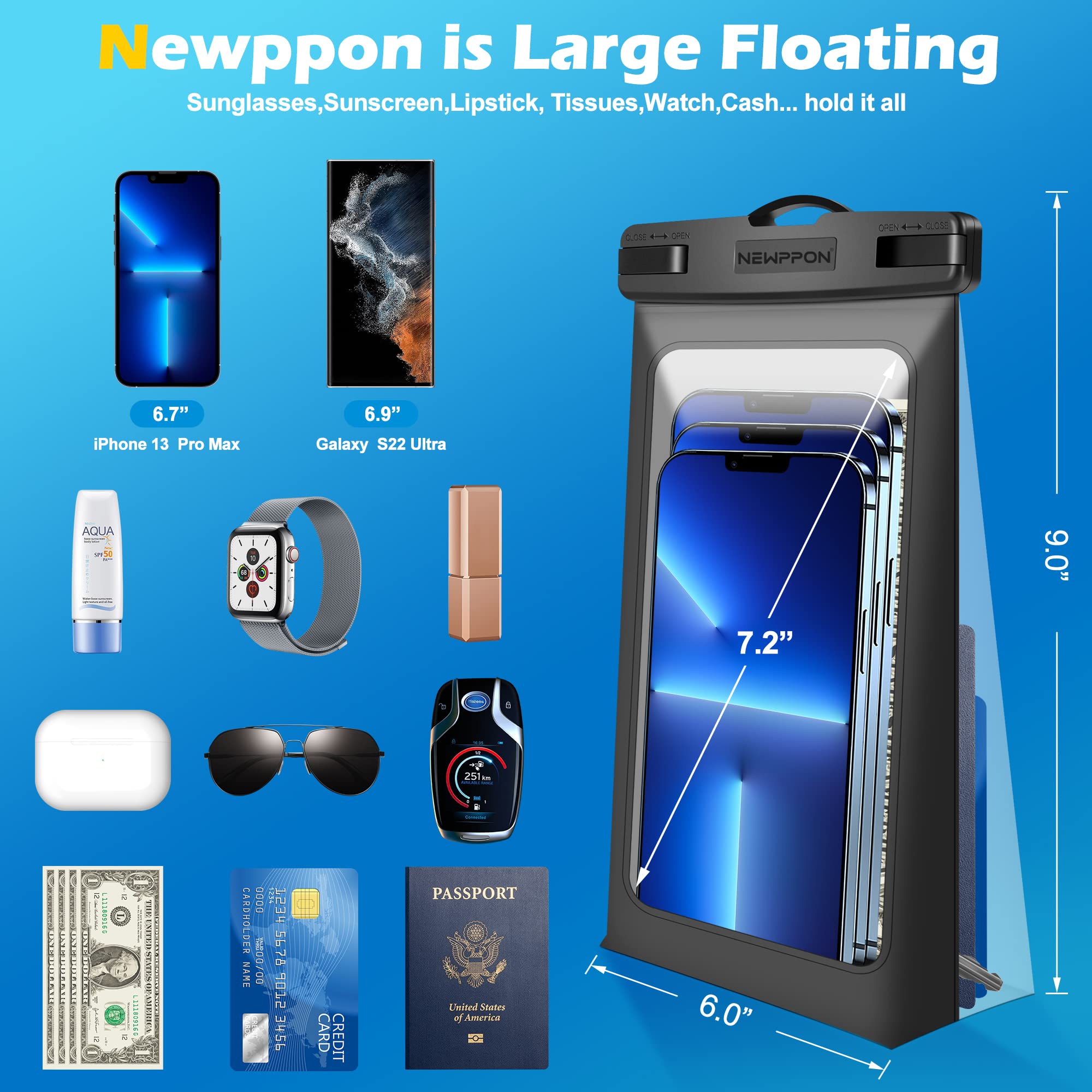 newppon Waterproof Cell Phone Pouch : 3 Pack Water Proof Dry Bag Case with Neck Lanyard - Underwater Universal Clear Cellphone Holder Large Protector for iPhone Samsung Galaxy for Beach Pool Swimming