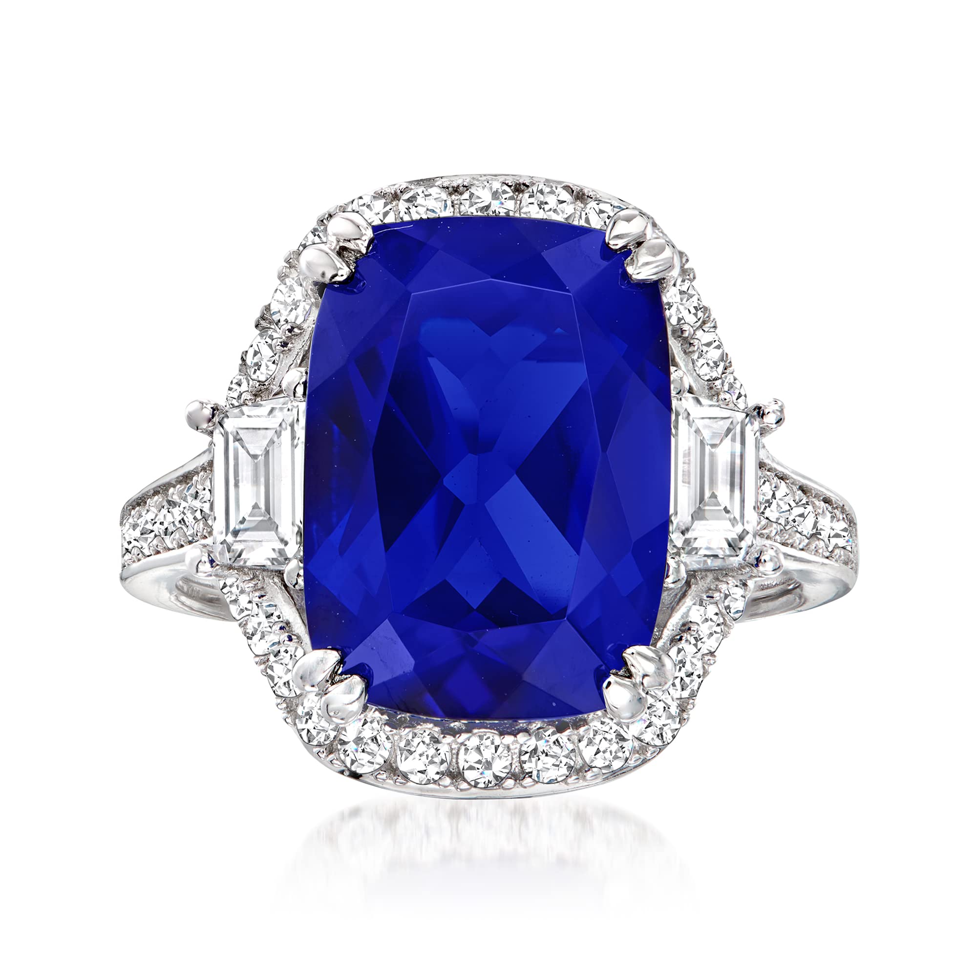 Ross-Simons 6.50 Carat Simulated Sapphire and 1.00 ct. t.w. CZ Ring in Sterling Silver. Size 5