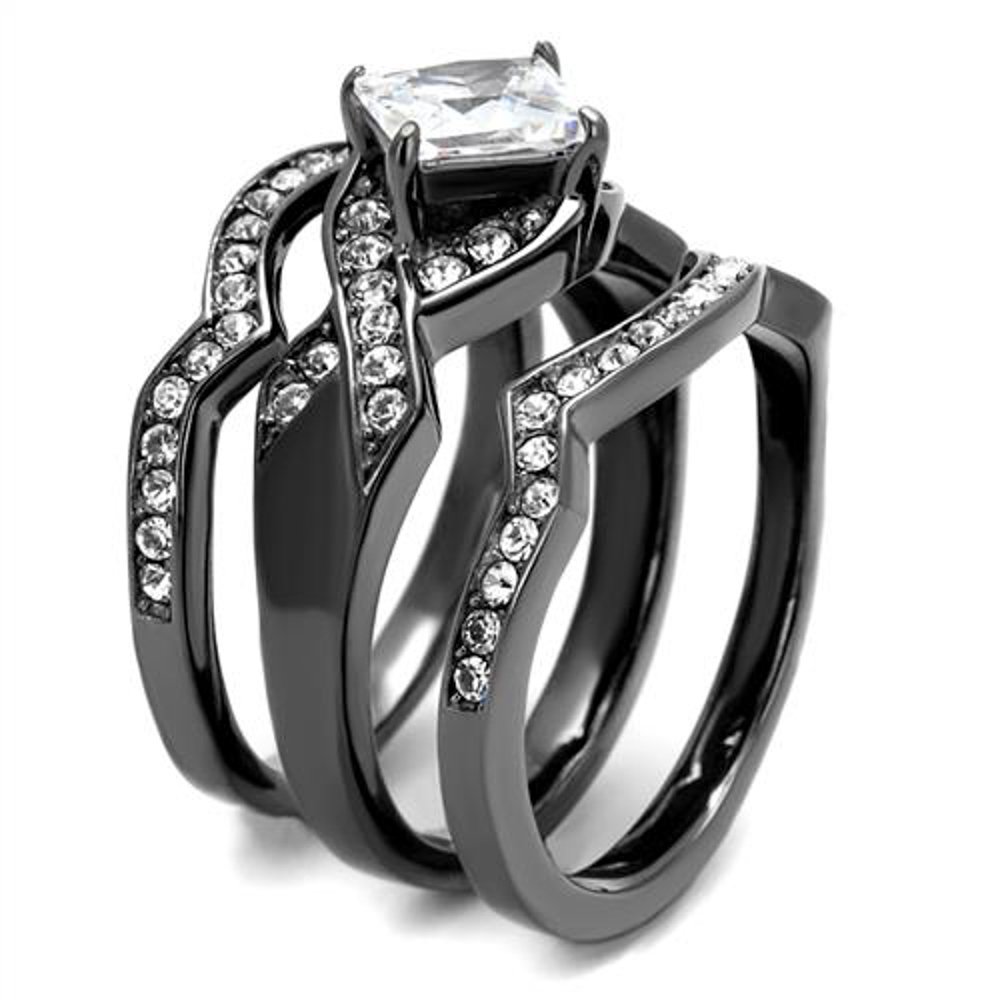 Marimor Jewelry 2.2 Carat Princess Cut Cubic Zirconia Light Black Stainless Steel Women's Wedding Ring Set Size 7