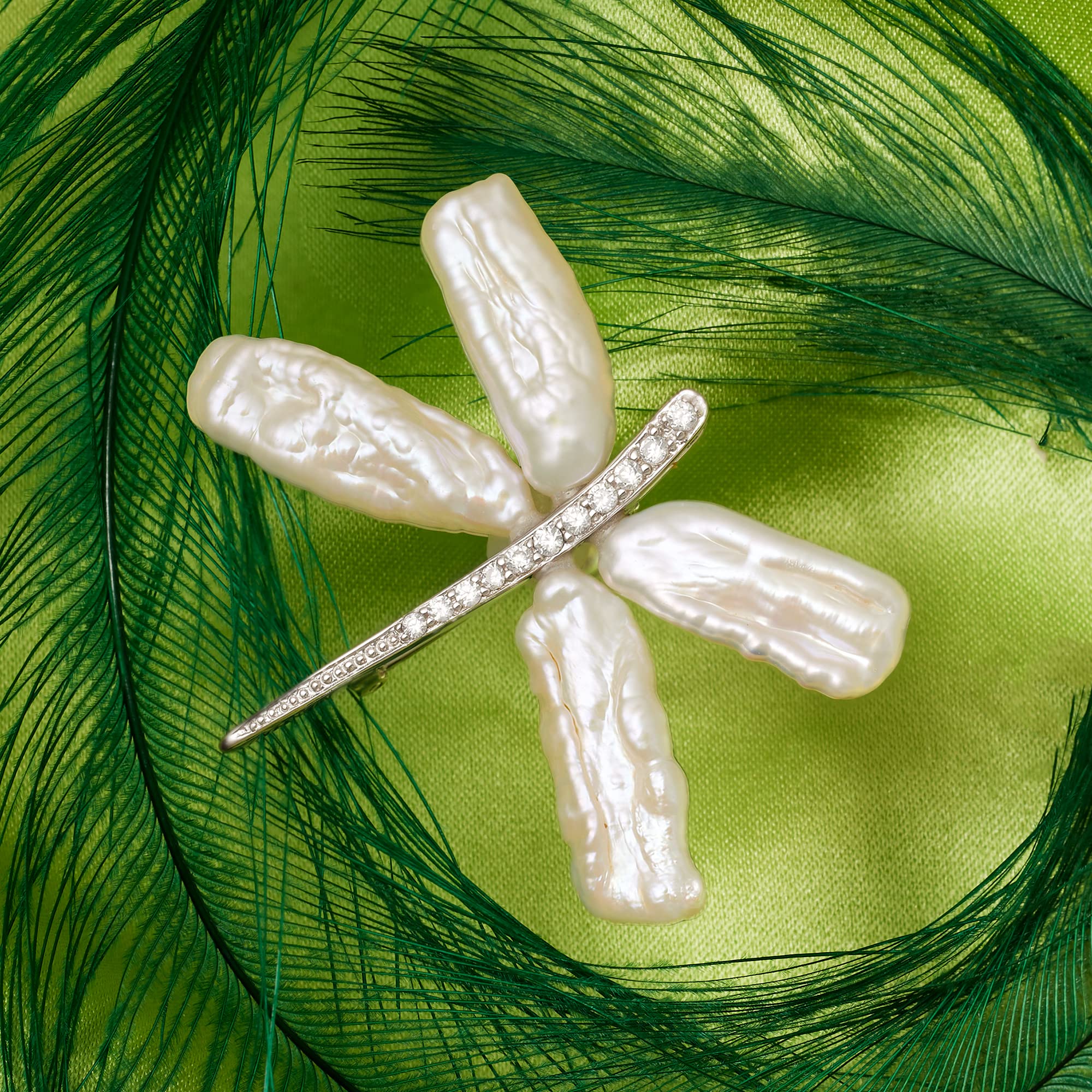 Ross-Simons 6x20mm Cultured Pearl and .20 ct. t.w. CZ Dragonfly Pin/Pendant in Sterling Silver