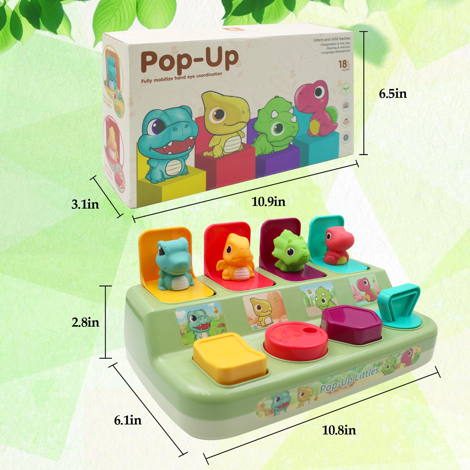 VONKAKOO Dinosaur Pop-Up Pals Cause and Effect Baby Toy, Early Developmental Toddler & Kids Gift, Ages 18 Months+