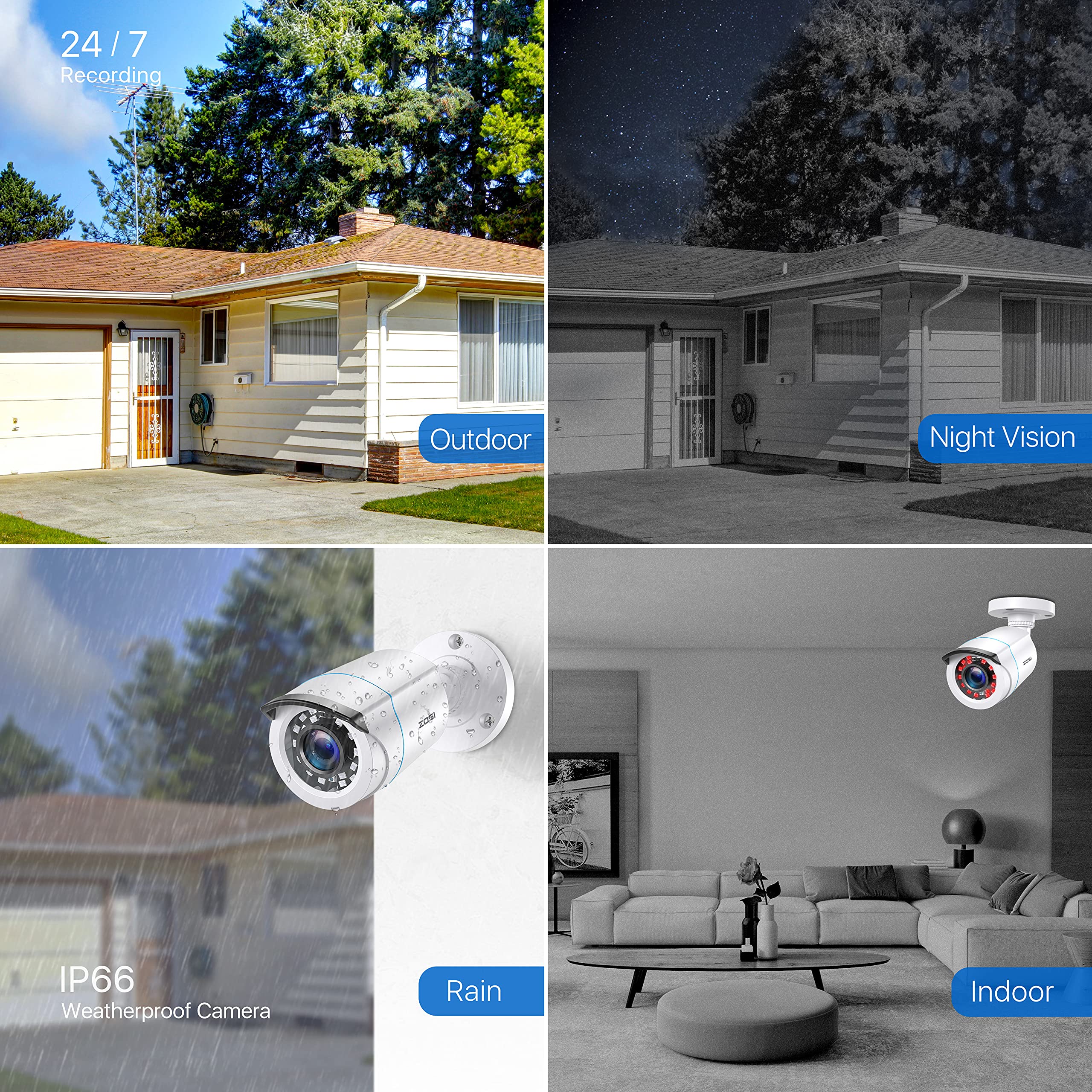 ZOSI H.265+1080p Home Security Camera System,8 Channel 5MP-Lite CCTV DVR with 4 x 1080P Weatherproof Surveillance Bullet Camera Outdoor/Indoor with 80ft Night Vision,Remote Access, Motion Alerts