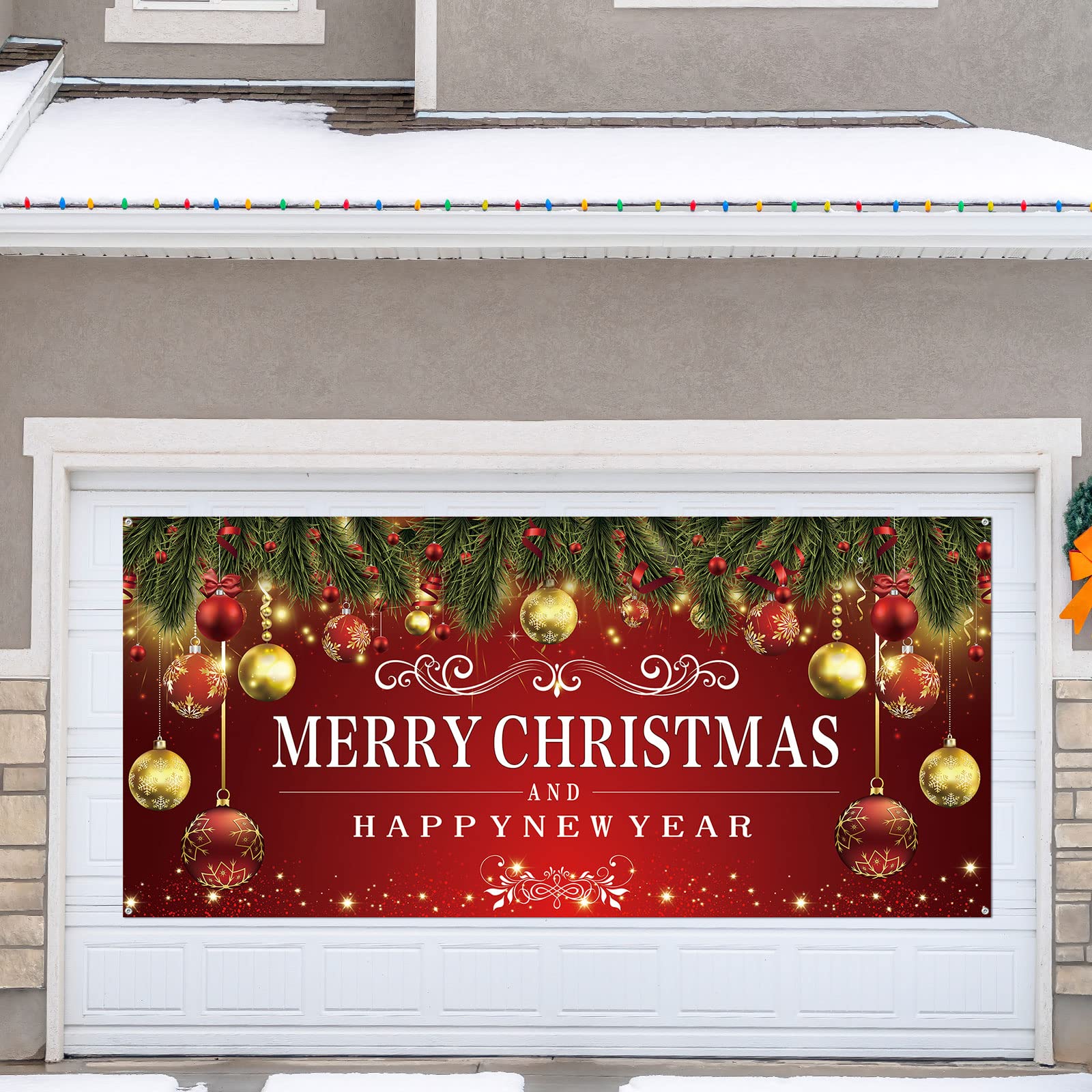 Newwiee Christmas Holiday Garage Door Banner Decorations 6 x 13 ft Happy New Year Outdoor Cover Mural Decoration 2024 Large Christmas Backdrop Merry Christmas Ornament Double Car Garage Door Banner
